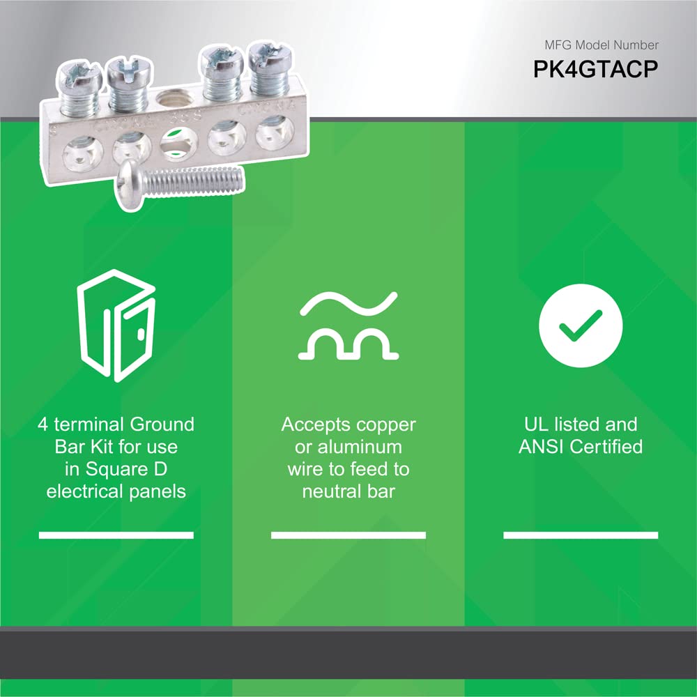 Square D by Schneider Electric PK4GTACP 4 Terminal Ground Bar Kit, Pack of 1, Silver
