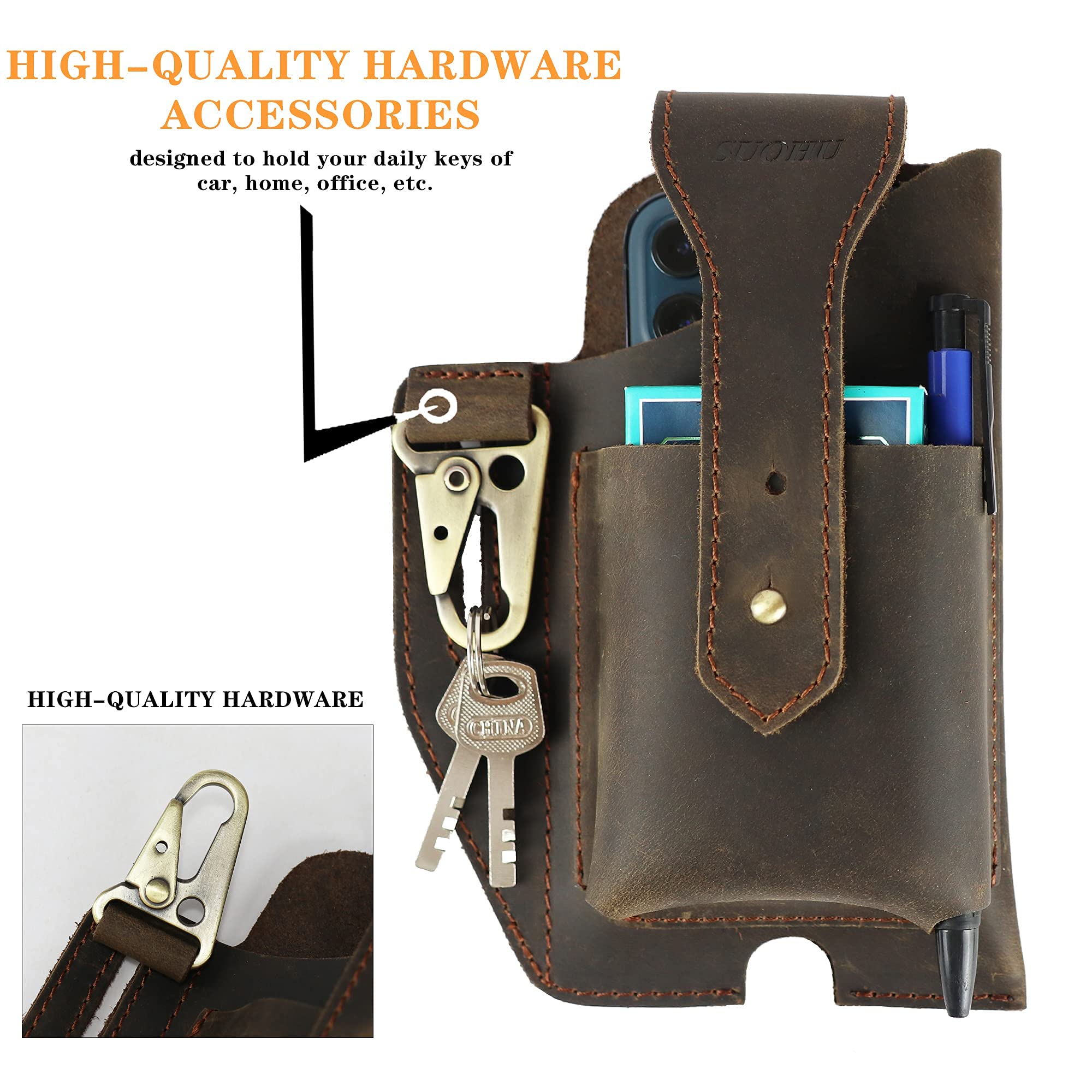 SUOHU Leather Phone Holster with Belt Clip, Flip Belt Phone Case with Magnetic Closure for iPhone 15/14/13 Pro Max, Cell Phone Belt Holder for S22 Plus, Universal Leather Phone Pouch Cases (Red Brown)