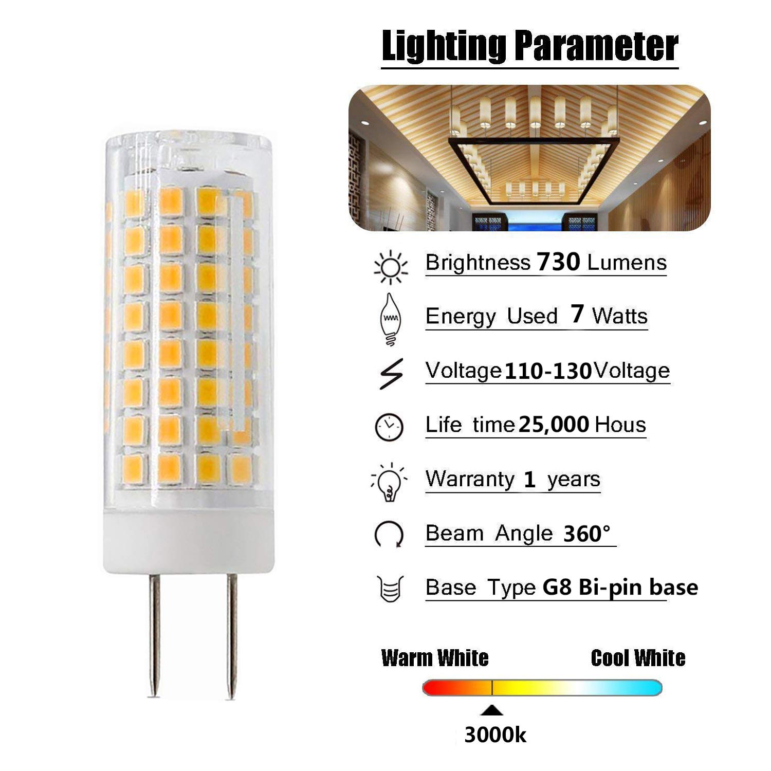 ZXLN G8 LED Bulbs Dimmable 7W Warm White 3000K 75W Halogen Replacement G8 Bi-pin Base T4 JCD Bulb for Under Cabinet Puck Lighting, Kitchen Lighting AC120V 750LM 4 Pack