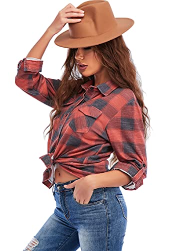 Women Cuffed Long Sleeve Boyfriend Button Down Plaid Flannel Shirt