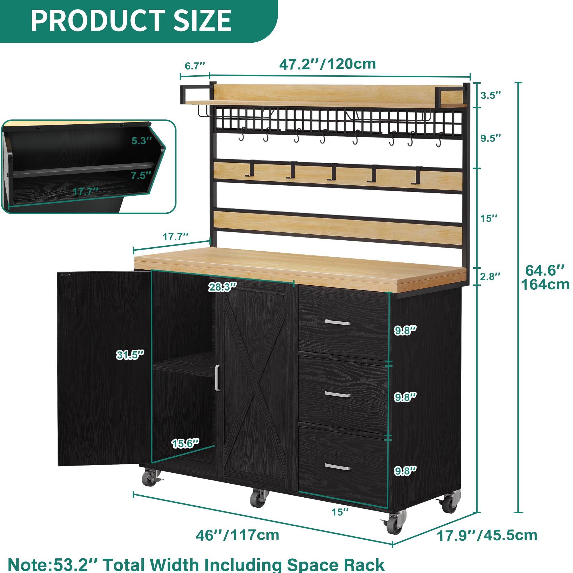 YITAHOME Large Rolling Kitchen Island with Storage Cabinet Drawer Tall Shelf, 53 Inch Big Portable Mobile Baker Rack Cart Movable on Wheels Thick Counter Glass Holder Hooks Spice Rack, Black & Oak