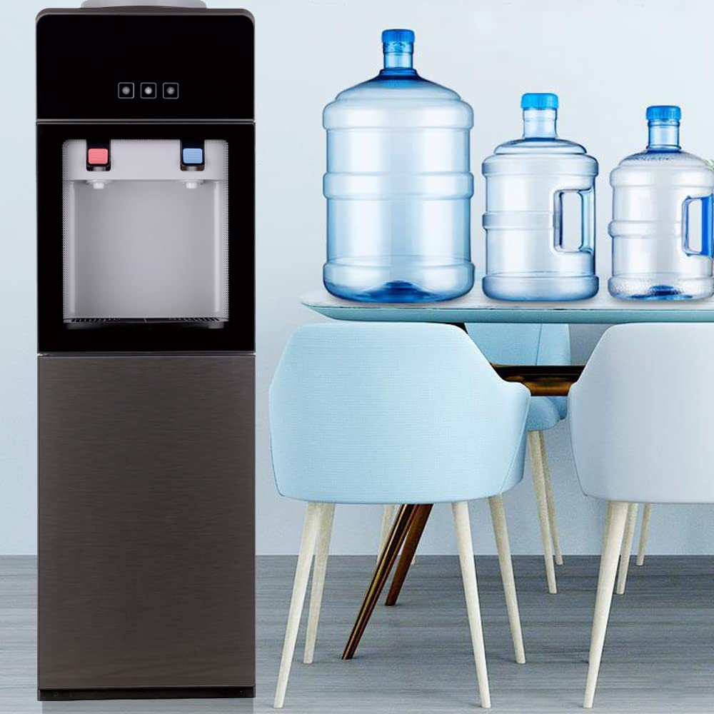 Top-Loading Water Dispenser for 5 Gallon Bottles, THABATAD Hot & Cold Water Cooler with Storage Cabinet & Glass Door Water Coolers Dispenser for Home, Office, School, Grey