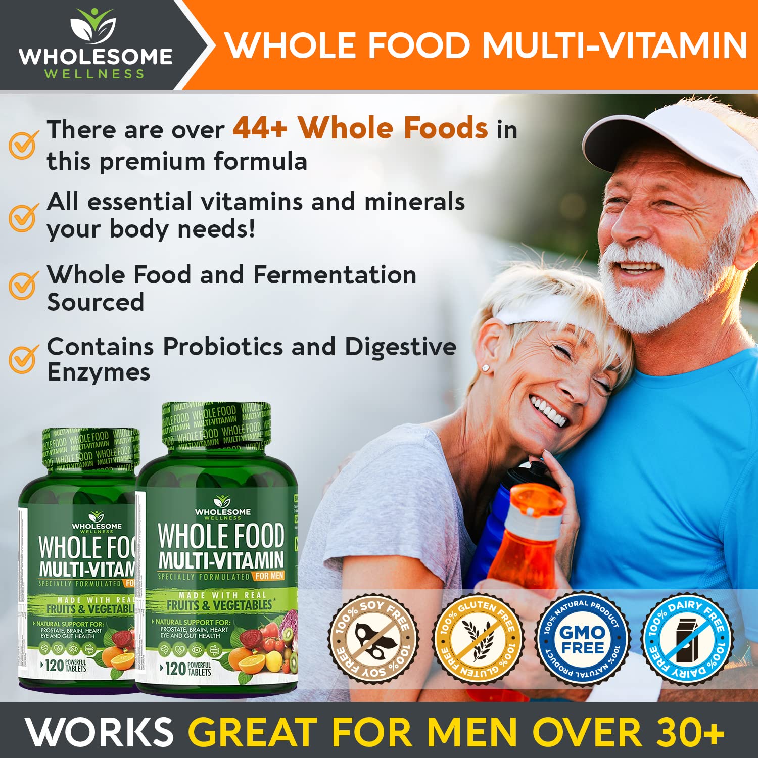 Whole Food Multivitamin for Men - Natural Multi Vitamins, Minerals, Organic Extracts - Vegan Vegetarian - 120 Tablets