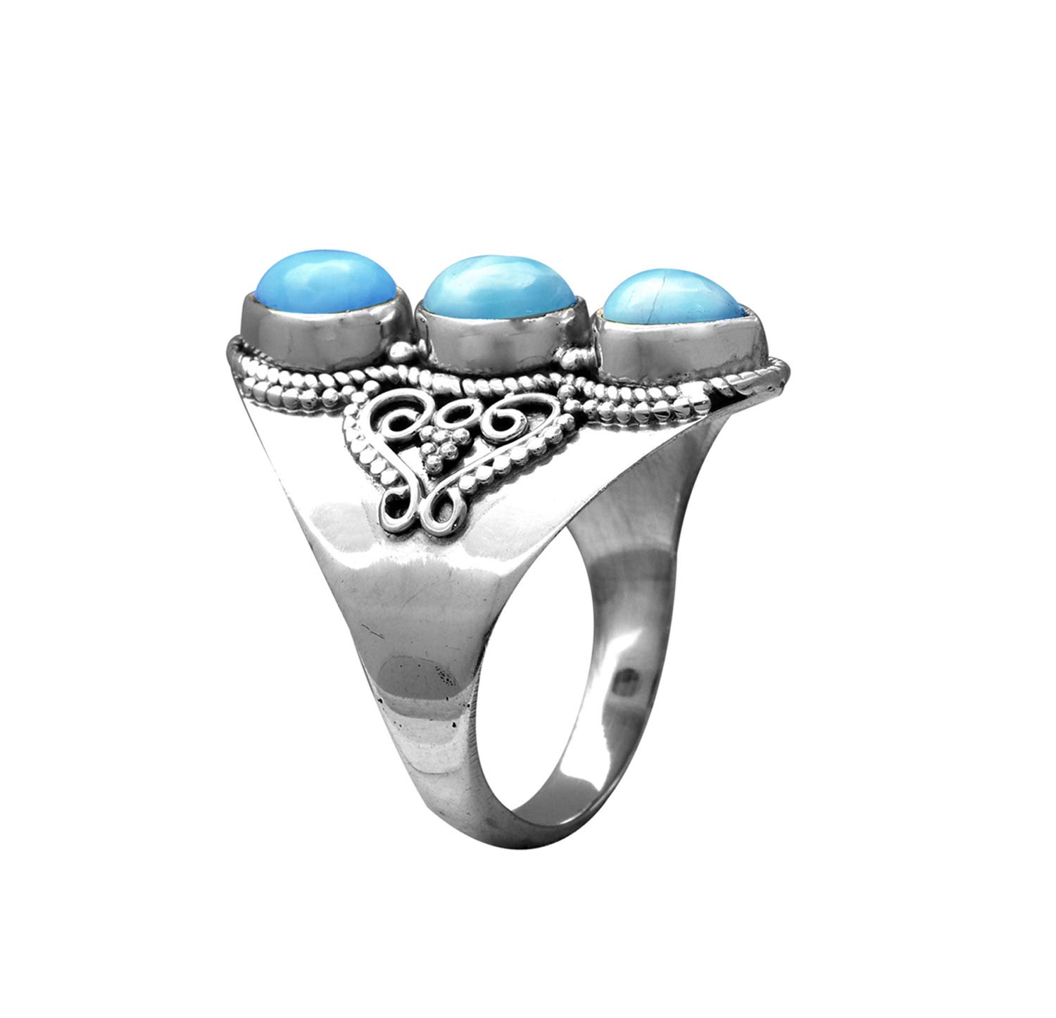 YoTreasure Natural Larimar Ring 925 Sterling Silver Rope Design Boho Three Stone Jewelry