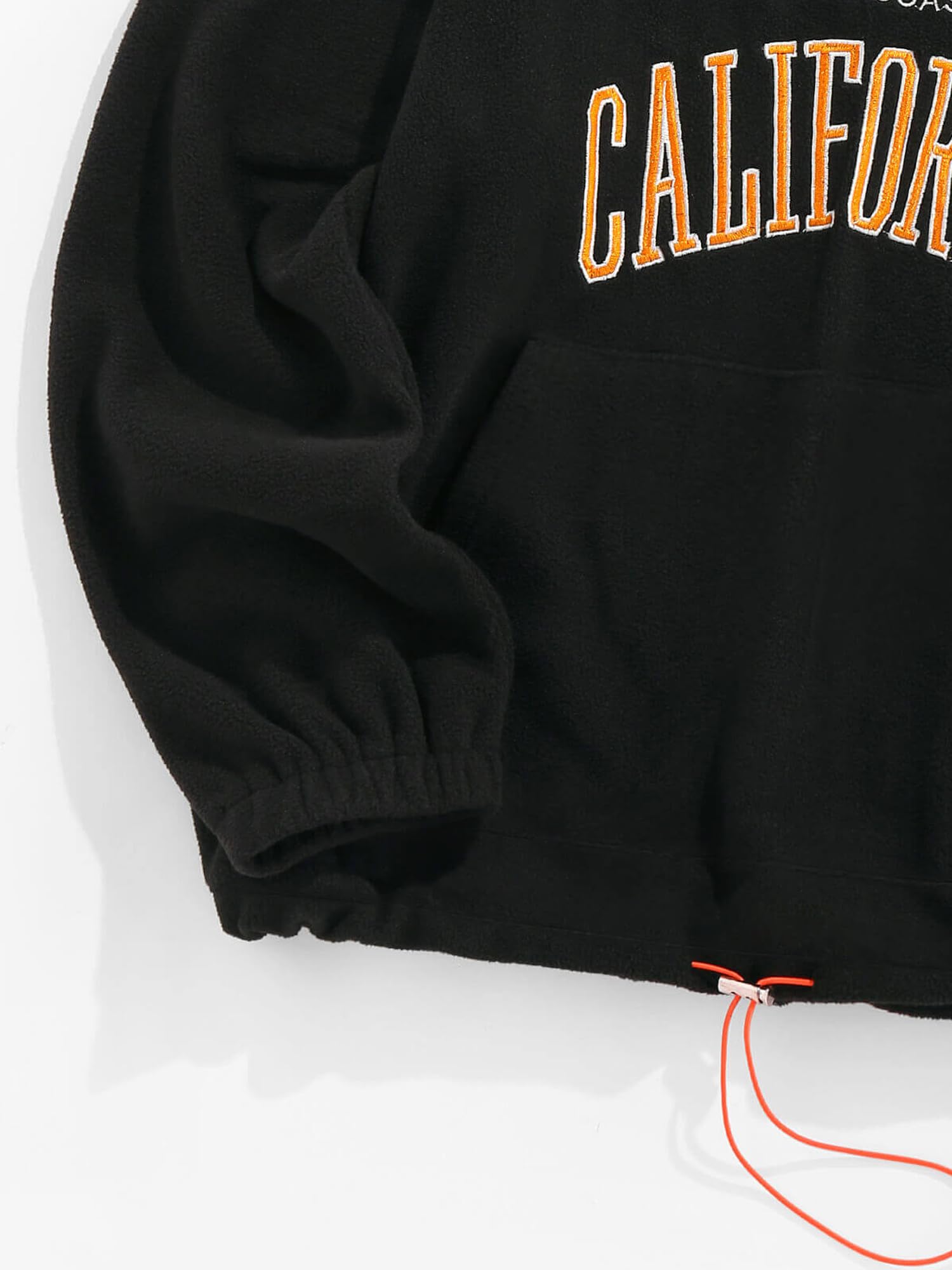 ZAFUL Men's Letters Embroidered Raglan Sleeve Quarter Zip Fleece Vintage Pullover Sweatshirt (CALIFORNIA-Black, S)