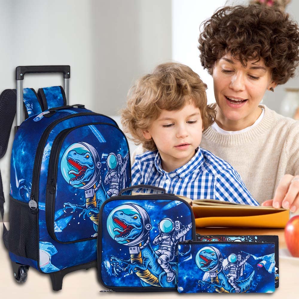 UFNDC 3PCS Kids Rolling Backpack, Dinosaur Wheeled Bookbag for Boys,Travel Roller School Bag with Wheels