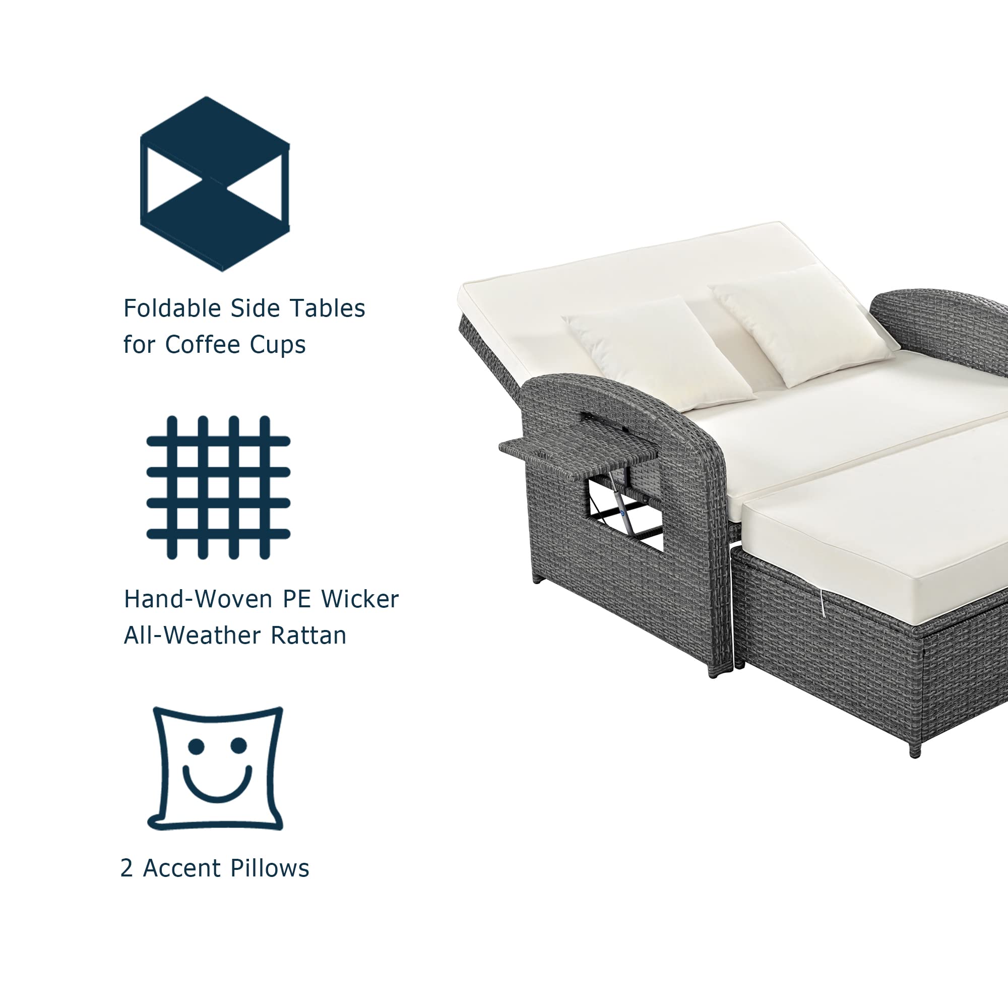 XD Designs Outdoor Patio Rattan Sunbed Double Chaise Lounge with Adjustable Back, All Weather PE Wicker 2-Person Reclining Conversations Set with Foldable Side Tables and Protection Cover (White-C)