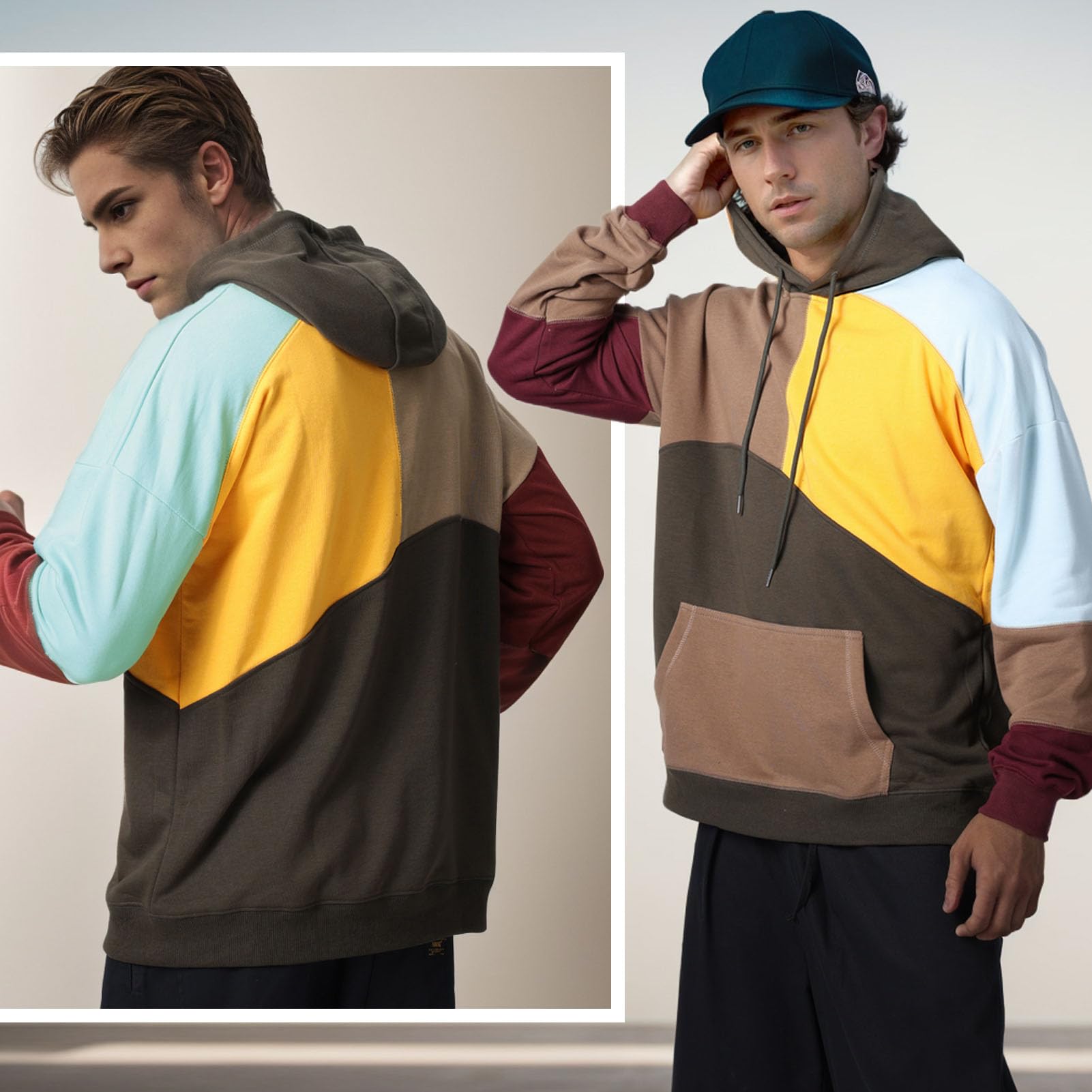 XIAOYAO Men's Fashion Hoodies Techwear Contrast Color Oversize Sweatshirts, Unisex Lightweight Patchwork Hip Hop Pullover Khaki