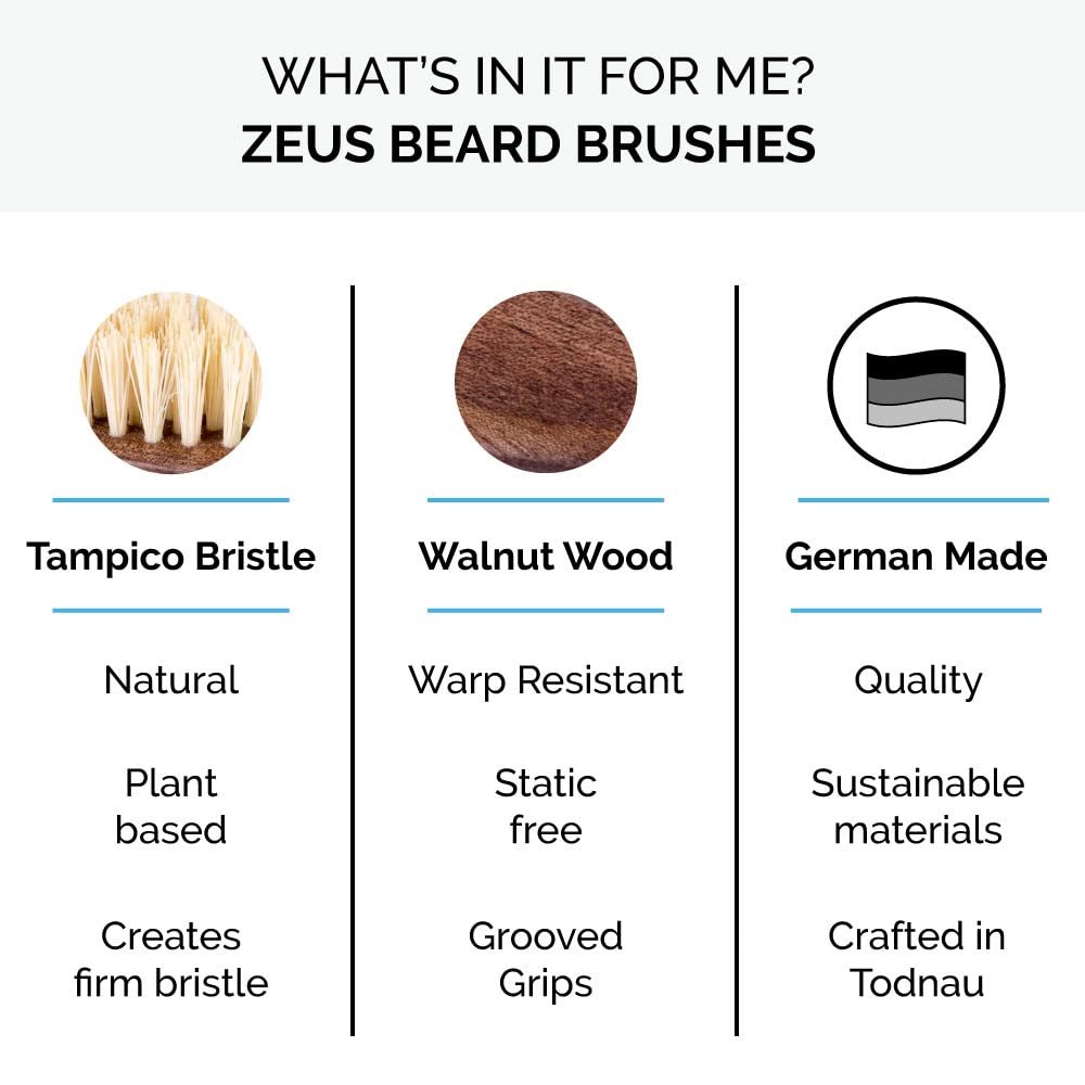 ZEUS Vegan Handle Beard Brush, Natural Plant Fiber Tampico Bristles & Walnut Handle β MADE IN GERMANY (FIRM) J73