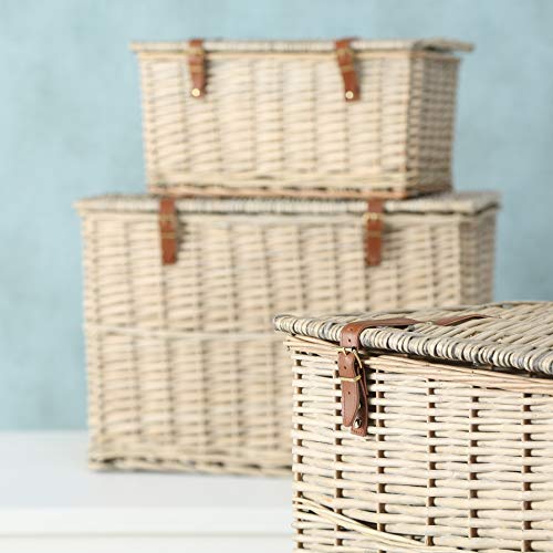 WHW Whole House Worlds Cape Cod Wicker Storage Trunks, Set of 3 Sizes, Faux Leather Straps and Handles, Hinged Tops