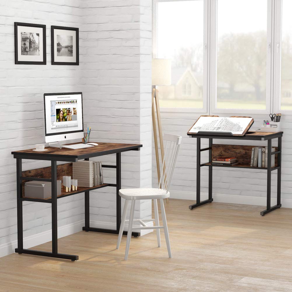 Tribesigns Industrial L-Shaped Desk with Bookshelf, 67 inch Double Corner Computer Office Desk Workstation Drafting Drawing Table with Tiltable Tabletop for Home Office(Rustic Brown)