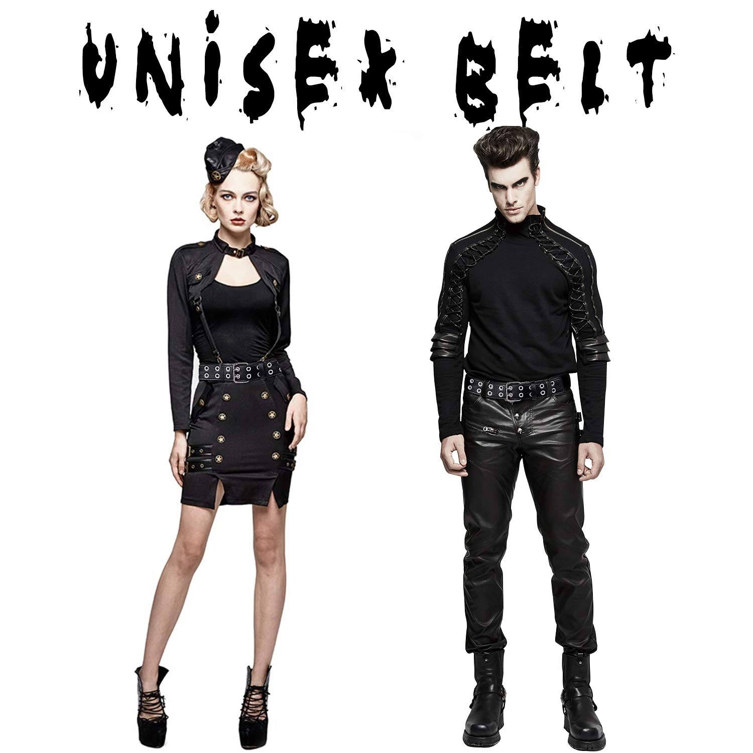 WHIPPY Double Grommet Belt for Women Men PU Leather Double Prong Buckle Vintage Punk Rock Jeans Belts (Black, L)