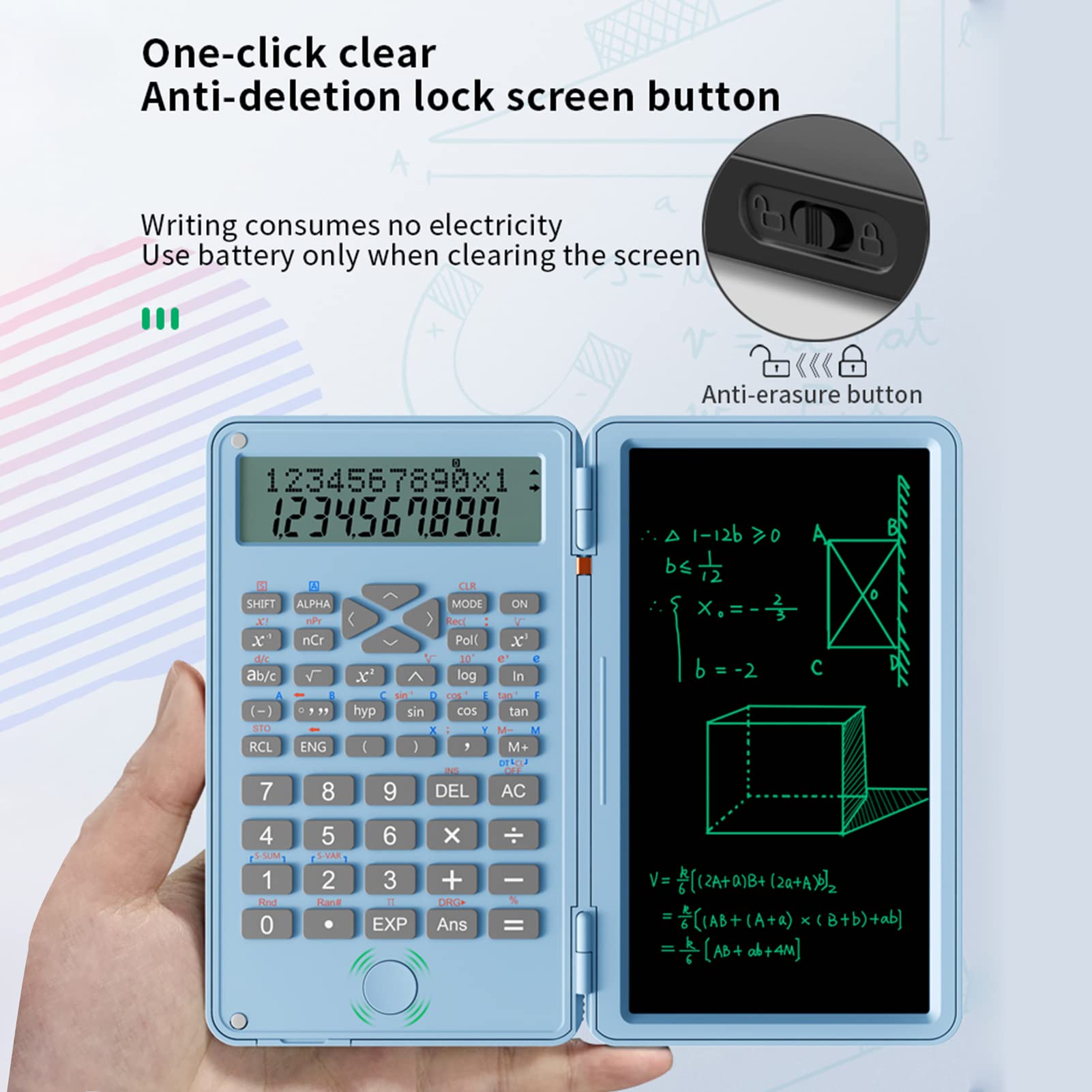 WHYATT Scientific Calculator with Erasable Writing Board 240 Functions 2 Line LCD Display Foldable Financial Math Calculator School Supplies for Middle High School College Students Black