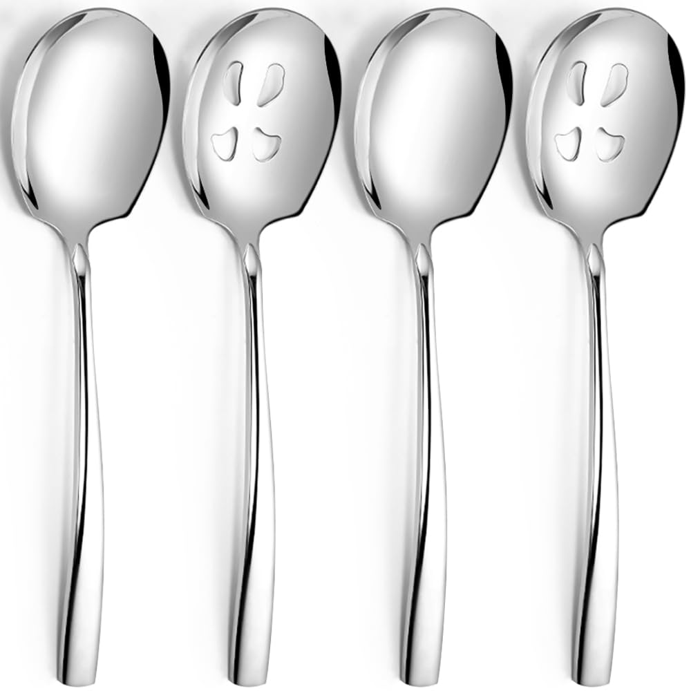 Stainless Steel Serving Spoon x 2, Slotted Serving Spoon x 2, 9.14 Inches Large Serving Utensils Set of 4 for Catering, Dishwasher Safe (Silver)