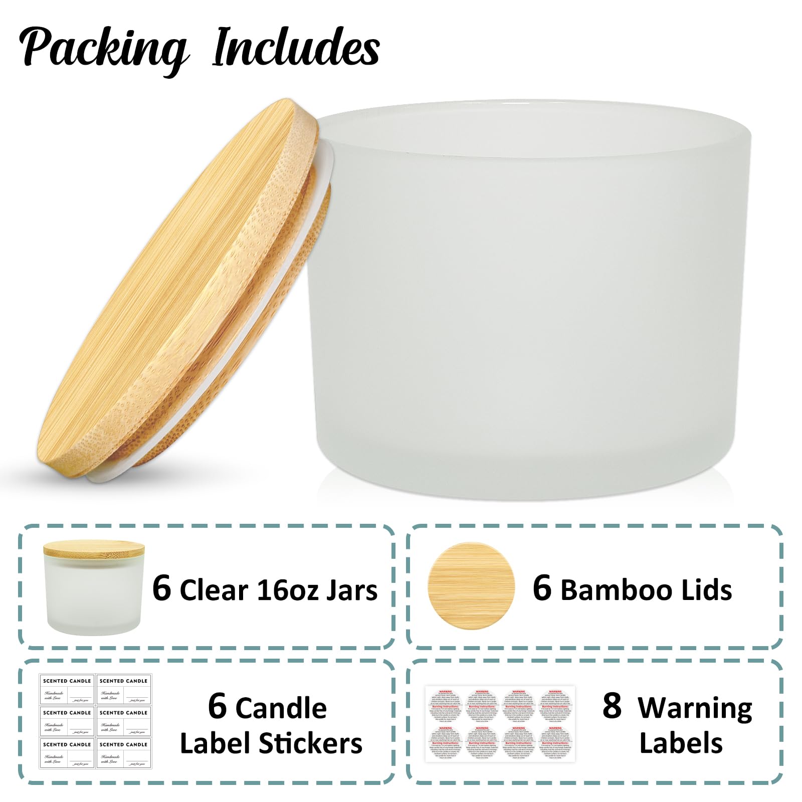 SUPMIND 16oz 3 Wick Candle Jars 6 Pack - Large Empty Frosted Glass Candle Making Jars with Bamboo Lids, with Stickers and Labels, Bulk Candle Jars for Making Candles Containers - Dishwasher Safe