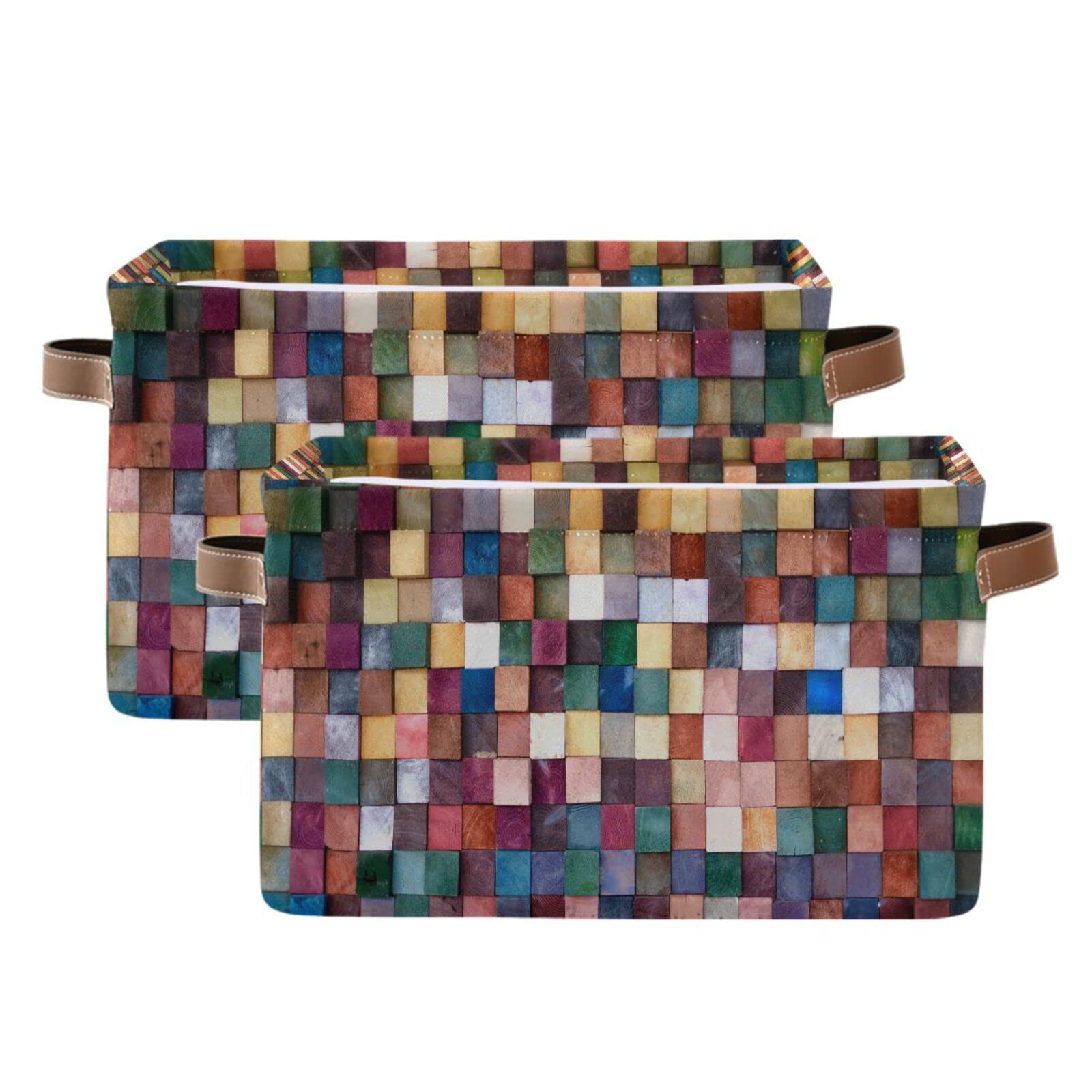 Wooden Blocks Wall Storage Basket Abstract Colorful Wood Storage Organizer Box Bin Large Collapsible Cube Baskets with PU Handles for Shelf Closet Nursery Laundry 2 Pack