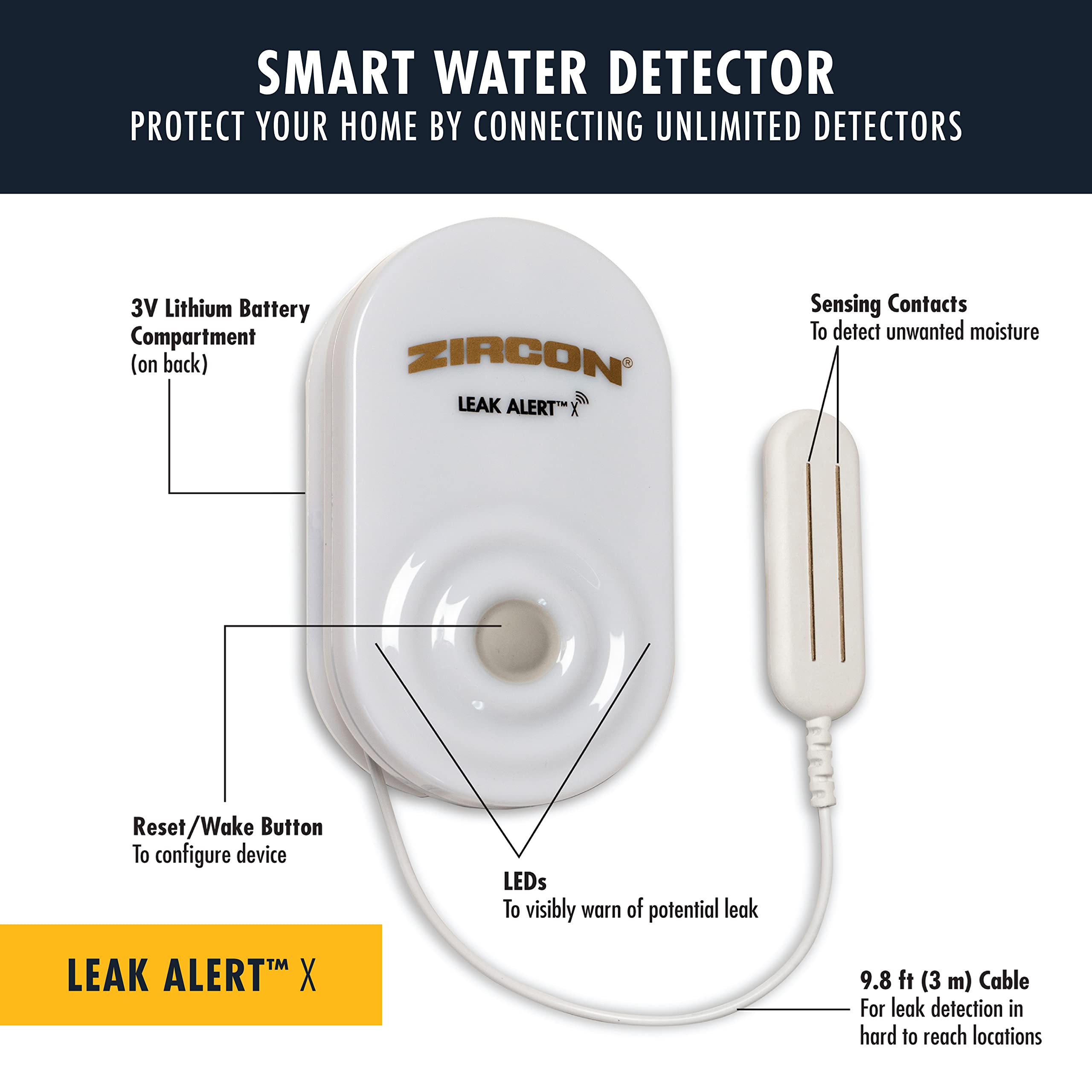 Zircon Leak Alert x – Smart Electronic Water Detector with 9.8' Cable – Email, Audio, & Visual alerts, Battery Included (70745)