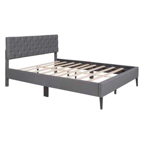 TURRIDU Queen Size Platform Bed,Upholstered Linen Platform Bed Frame with Deep Button Tufted Headboard,Wooden Slats Support,No Box Spring Needed,Gray