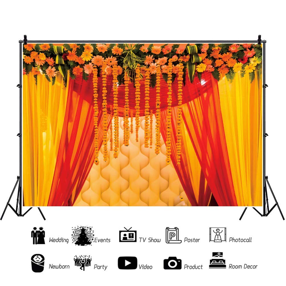 YongFoto 8x6ft Happy Diwali Backdrop Banner Indian Traditional Backdrop Happy Holi Backdrop Hindu Indian Wedding Background Flower Garland Yellow Tulle Curtain Anniversary Backdrop