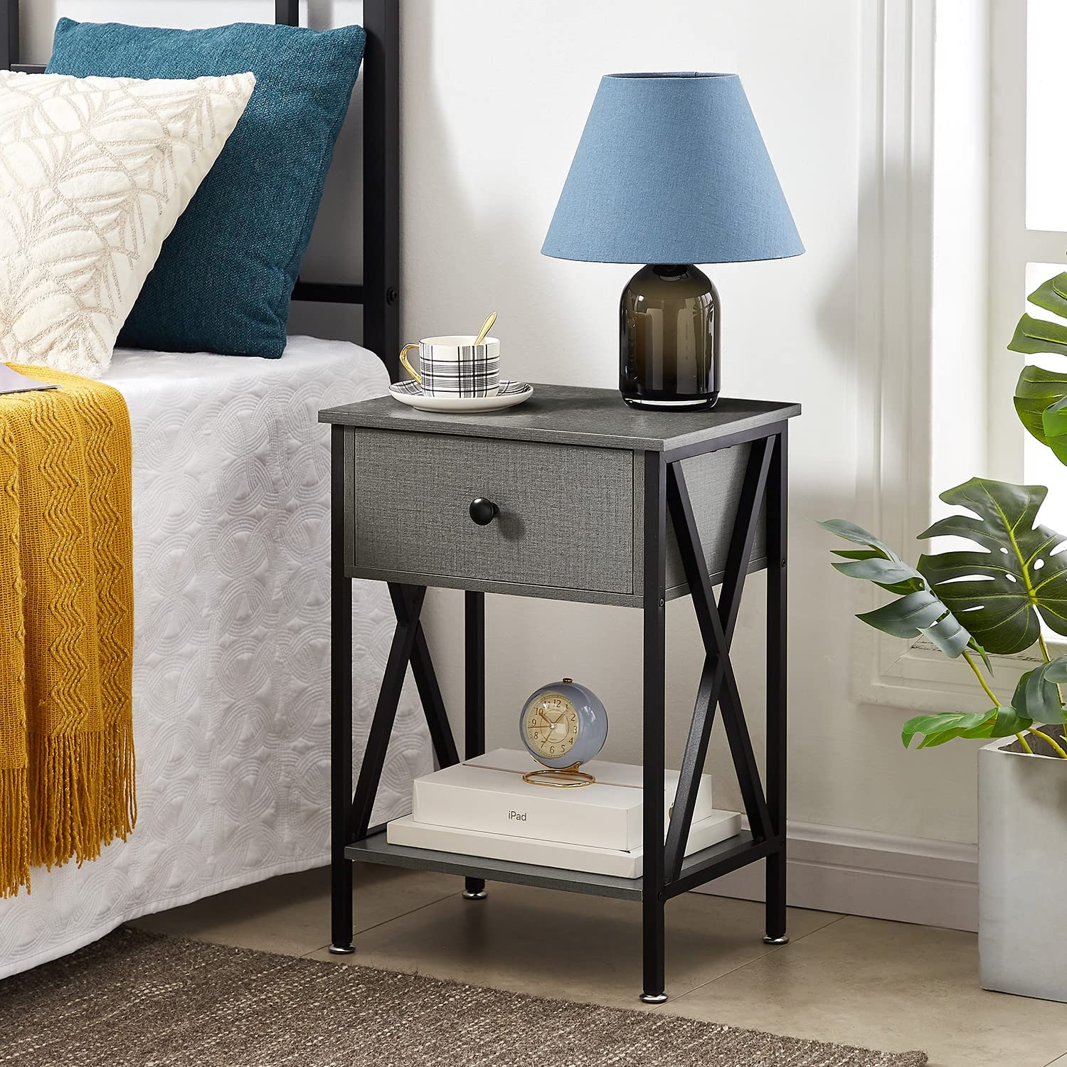 VECELO Nightstands Set of 2, Modern Bedside End Tables, Night Stands with Drawer and Storage Shelf for Living Room Bedroom, Industrial Metal Frame, Dark Gray