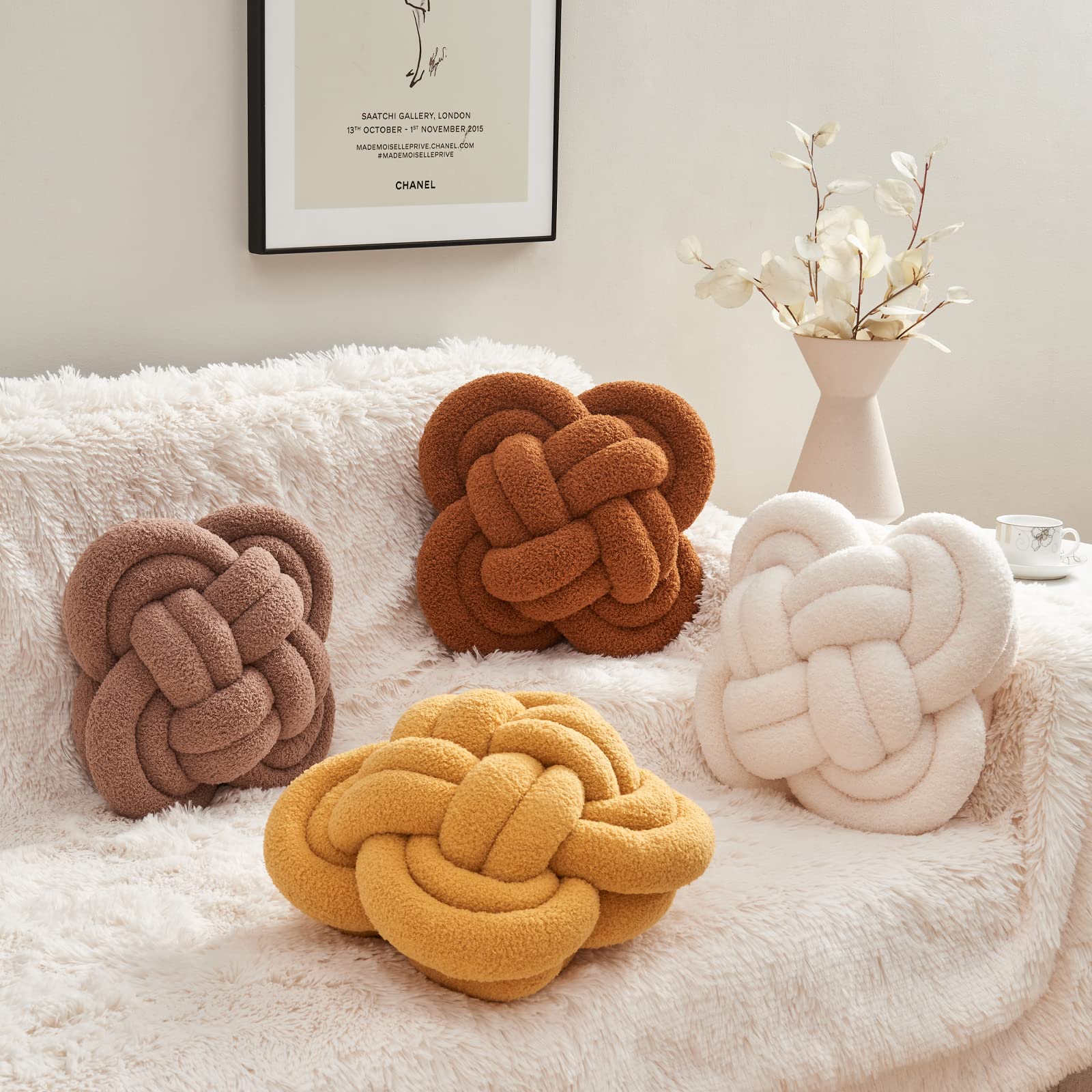 Xiashrk Knot Pillow Ball, 12" Soft Decorative Throw Pillows for Couch Bed, Ivory White Knotted Plush Throw Pillow Handmade Square Cushion Home Couch Decor Pillows for Living room