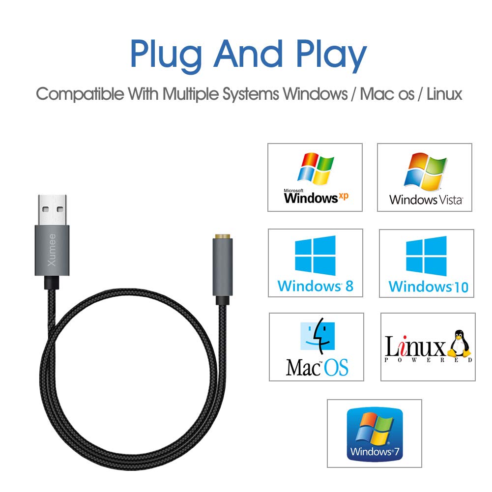 USB to Audio Jack Adapter,USB-A to 3.5mm Female Headset Adapter,External Stereo Sound Card for Headphone, Mac, PS4, PC, Laptop, Desktops and More (1.2ft, Grey)