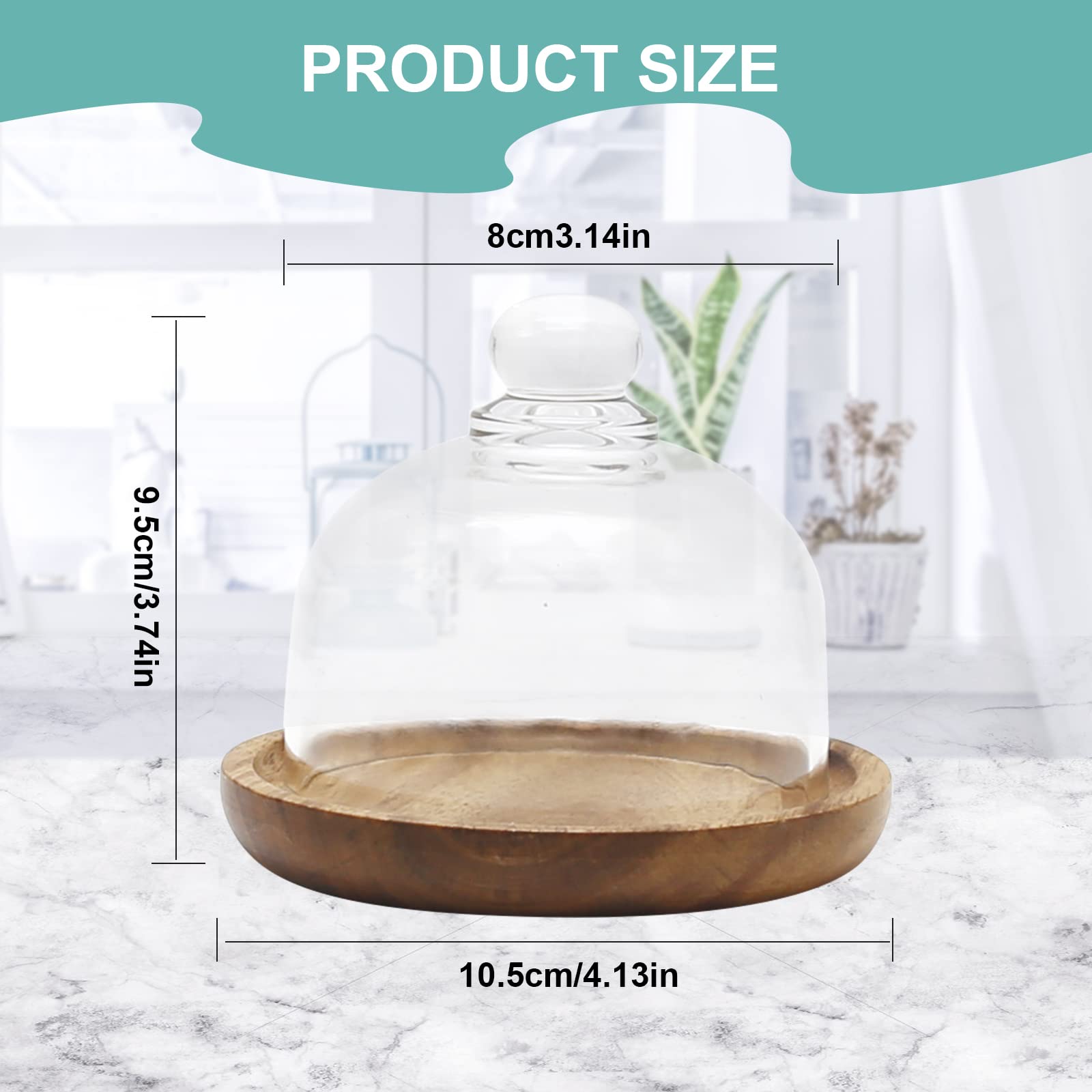 UOIENRT Dessert Cake Cover Display with Base, Acaciawood Flat Round Wooden Cake and Dessert Server, Cake Stand with Glass Bell Dome
