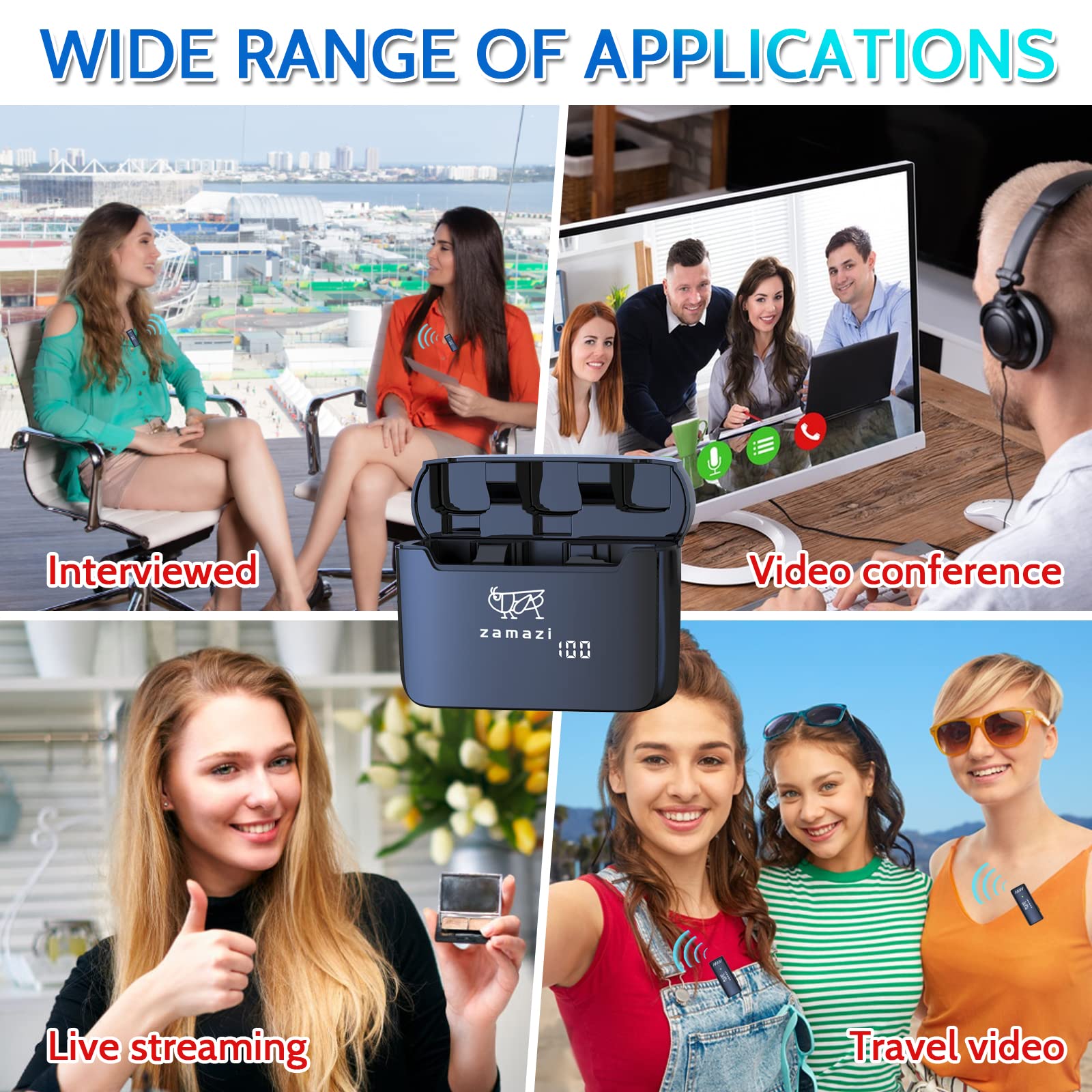 zamazi Wireless lavalier Microphone for Android iPhone iPad Computer with Digital Display Charging case 2 Pack Wireless Lapel Mic for YouTube Zoom Live Stream Video Recording