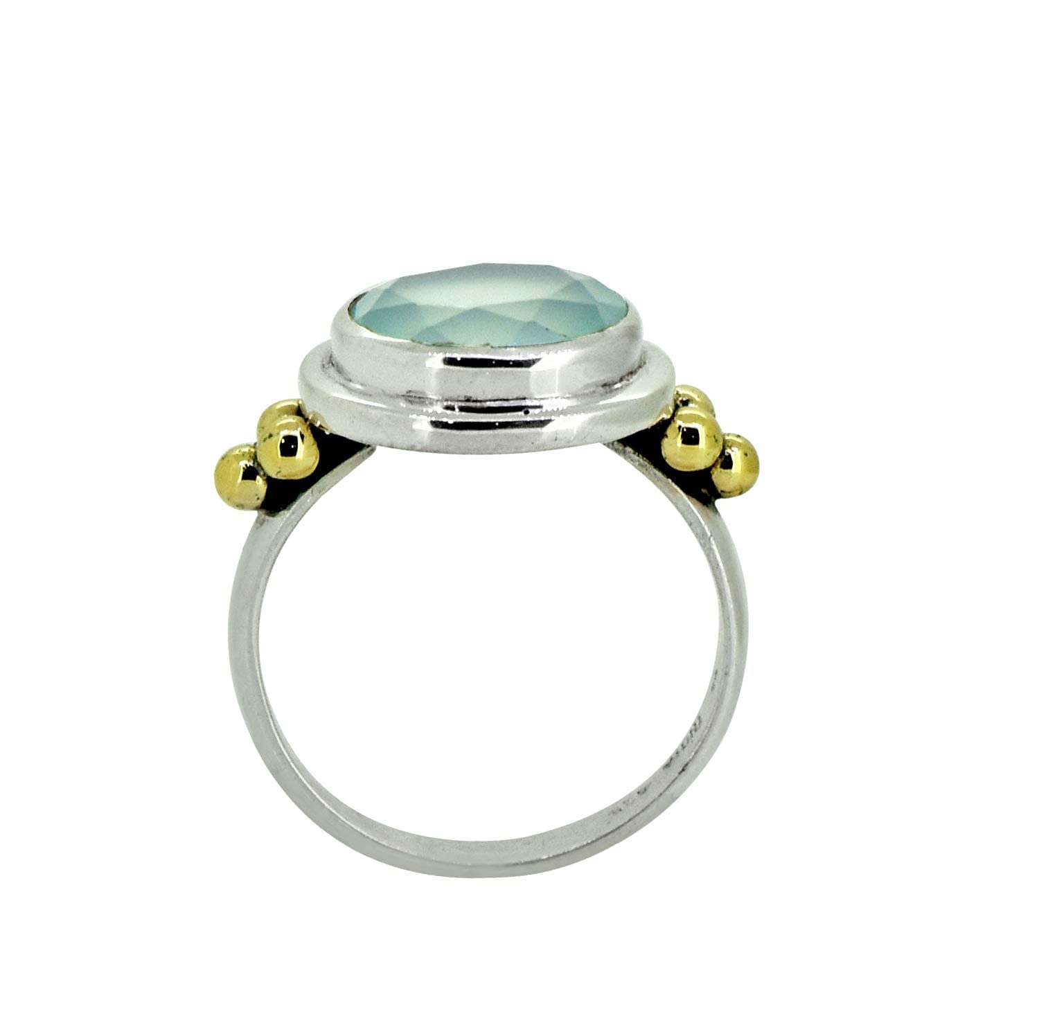 YoTreasure Aqua Chalcedony 925 Sterling Silver Ring with Brass Accents