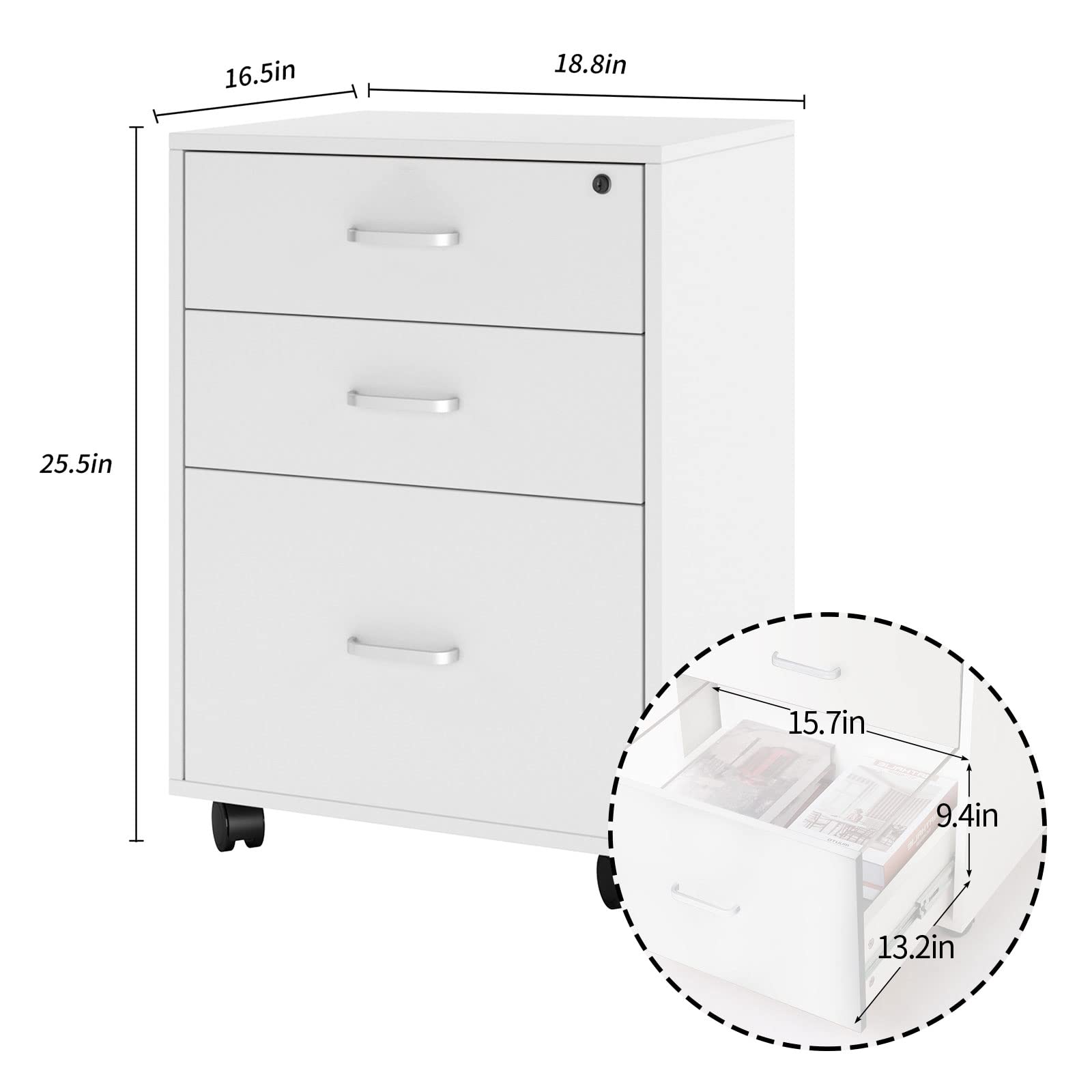 soges 3 Drawer Mobile File Cabinet, Rolling Filing Cabinet, Office Pedestal File Cabinet,Modern Under Desk Storage Cabinet 10CZSSFC04WT