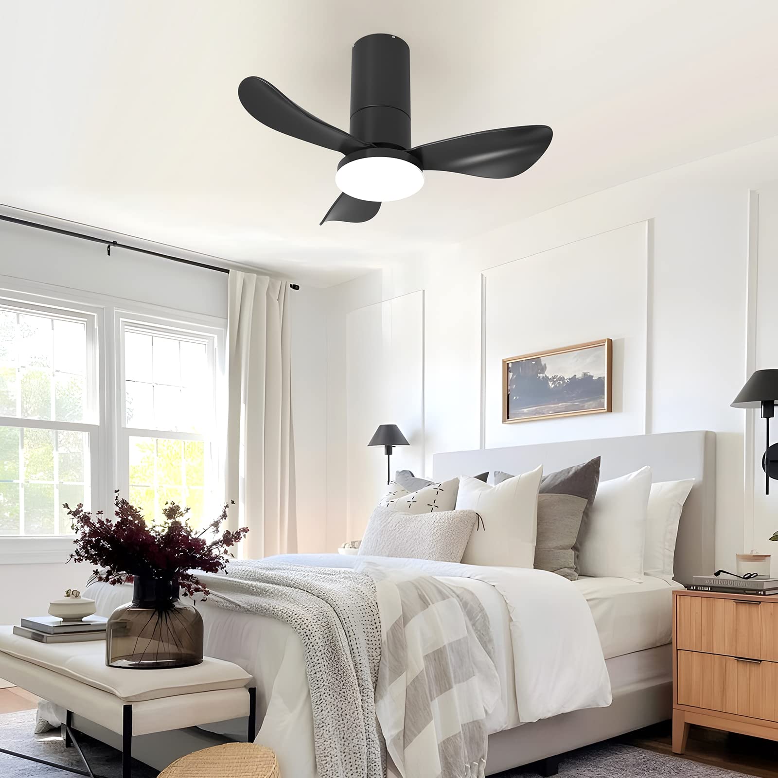 TOZING Ceiling Fans with Lights and Remote, 26 Inch Small Ceiling Fan with Light, 3 Blade Black Flush Mount Ceiling Fan for Bedroom Dining Room Kitchen Patio