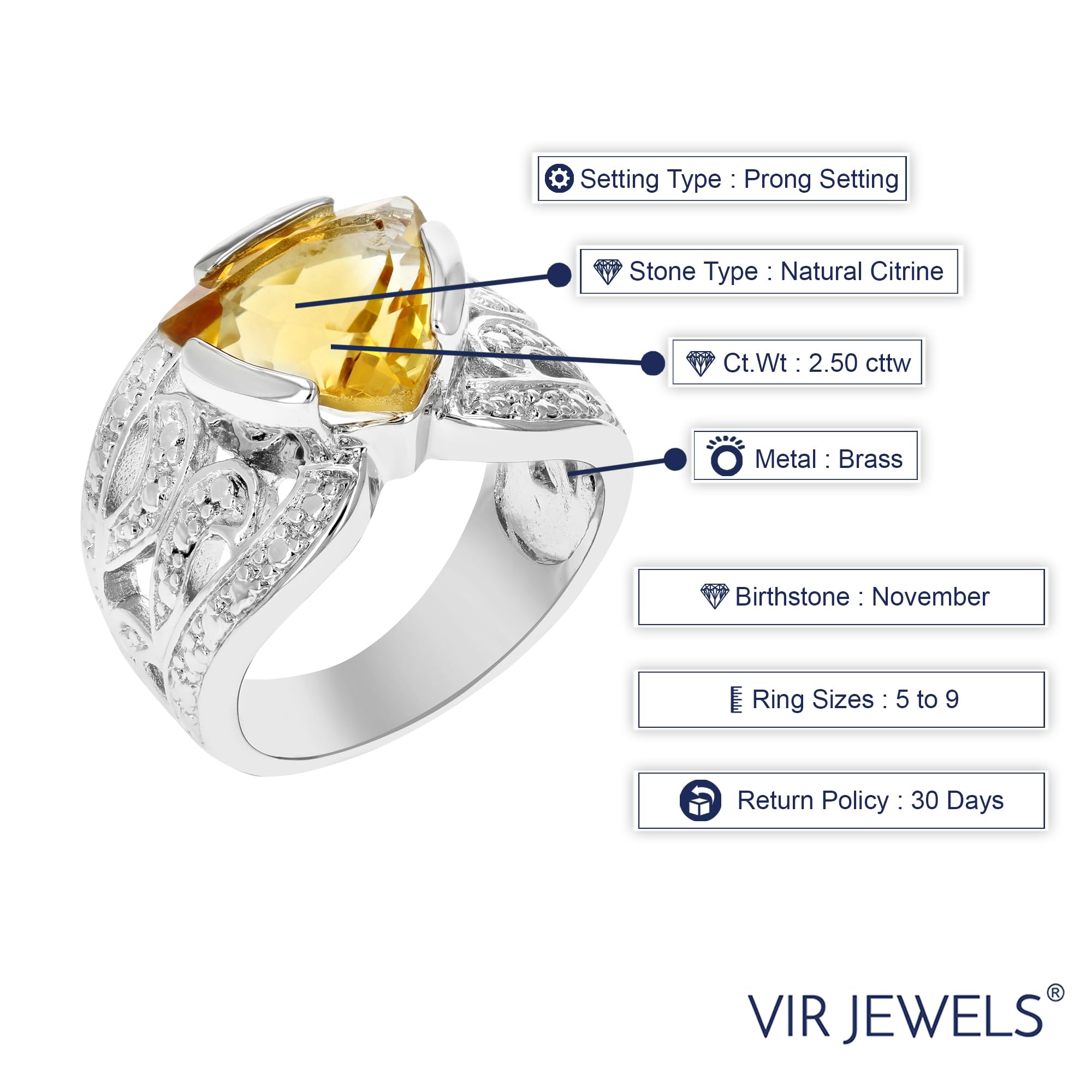 VIR JEWELS 2.50 cttw Citrine Fashion Ring Brass with Rhodium Plating Triangle Shape 11 MM Size 7