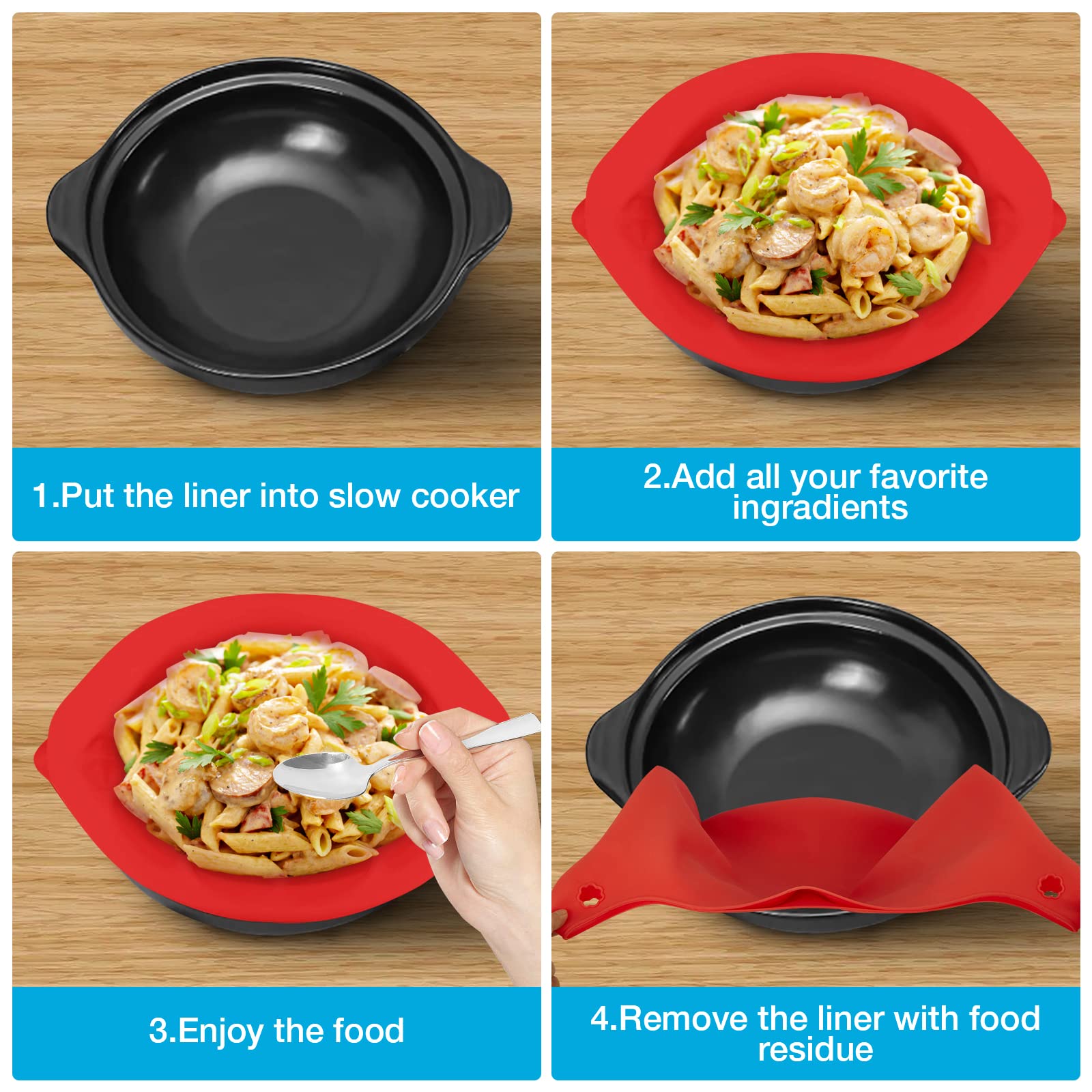 WAPSAT 2 Pack Silicone Slow Cooker Liners Fits for 7-8 QT Crockpot, Reusable Silicone Slow Cooker Liners, Safe Silicone Crockpot Liners (1pc Blue + 1pc Red)