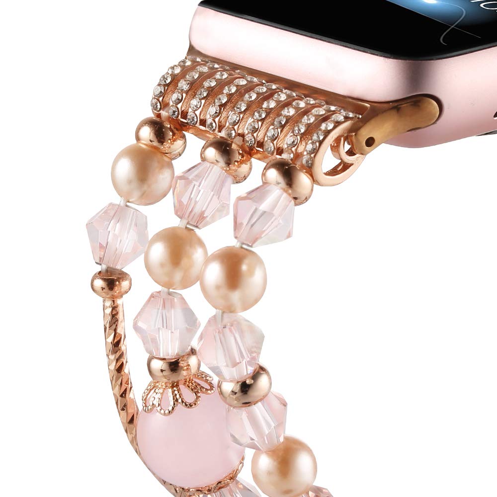 Suppeak Band Compatible with Apple Watch 38mm 40mm 41mm, Women Girl Elastic Handmade Pearl Bracelet Replacement for Series SE 7 6 5 4 3 2 1, Pink