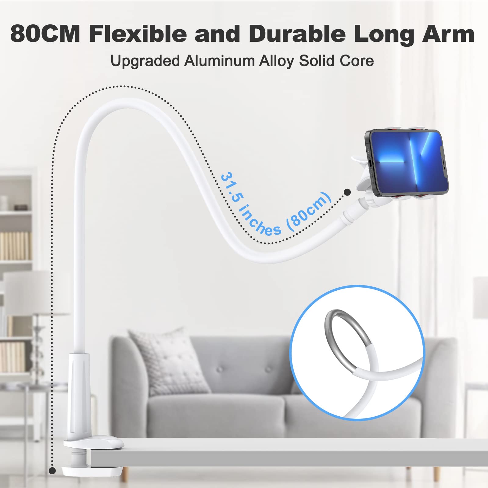 VIVI MAO Gooseneck Cell Phone Holder, Universal 360 Flexible Phone Stand Lazy Bracket Mount Long Arms Clamp for Phone 13 Pro Xs Max XR X 8 7 6 6s Plus and Other 3.5~6.7'' Device (White)…