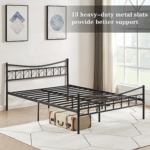 VECELO Queen Size Bed Frames, Heavy Duty Metal Bedframe with Vintage Headboard and Footboard, Mattress Foundation/No Box Spring Needed/No Noise/Easy Set Up, Black