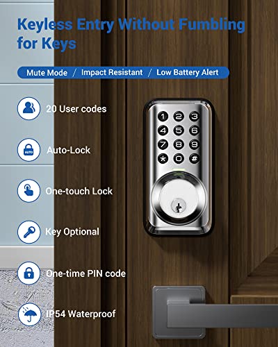 Veise Keyless Entry Door Lock, Electronic Keypad Deadbolt Lock, Auto Lock, 1 Touch Locking & 20 User Codes, Anti-Peeking Password, Easy Installation Design - Satin Nickel