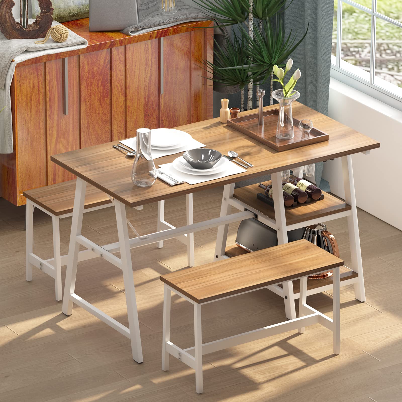 soges 3 Pieces Kitchen Dining Table Set for 4, Breakfast Table Set with 2 Benches, Wooden Dinette with Wine Shelf and Glass Holder, Oak 10CZWKDS03OK120