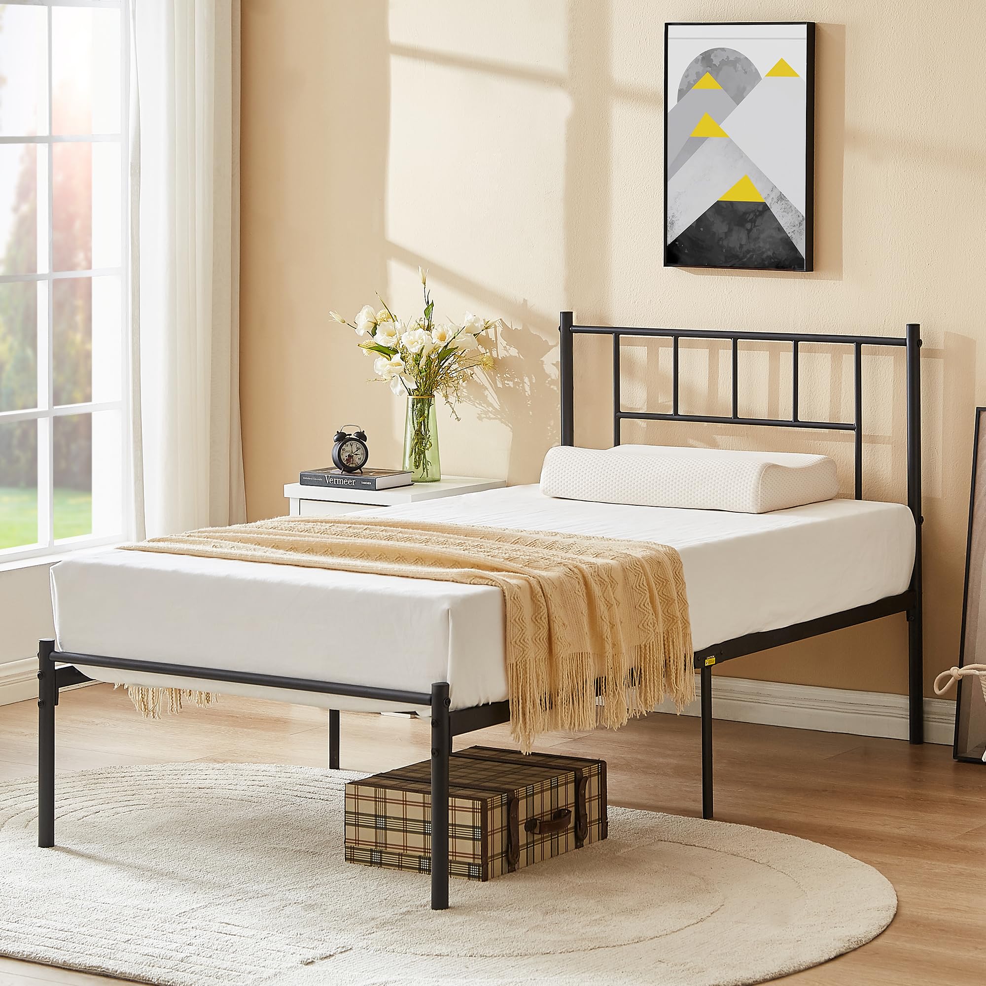 VECELO Twin Bed Frame, 14 Inch Metal Platform with Headboard, Heavy Duty Steel Slat Support, No Box Spring Needed, Easy Assembly