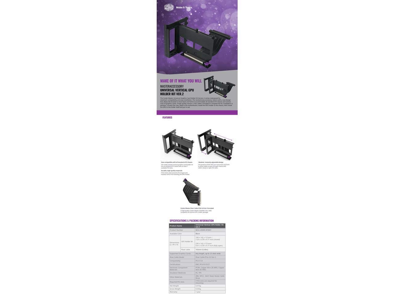 Toptekits Cooler Master Universal Vertical Graphics Card Holder KIT VER.2 with 165mm/6.5in Riser Cable, for Full Tower/Standard ATX Chassis with at Least 7 Available PCI Slots