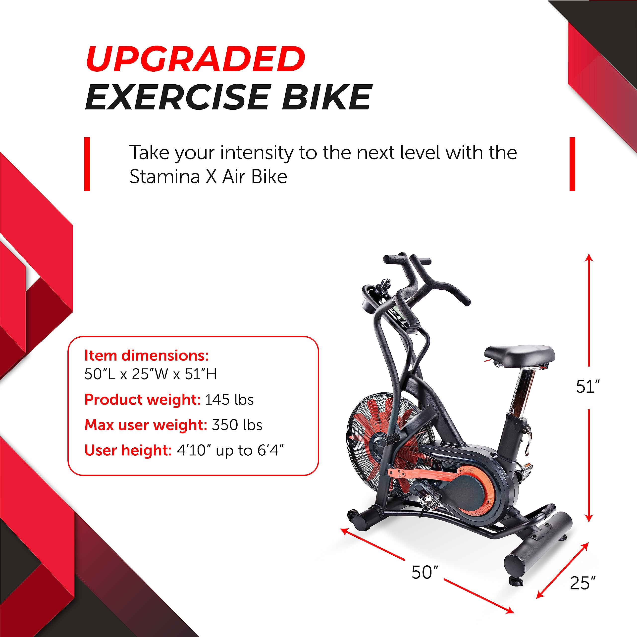 Stamina X Air Bike - Exercise Bike with Smart Workout App - Air Exercise Bike for Home Workout - Up to 350 lbs Weight Capacity Black/Red