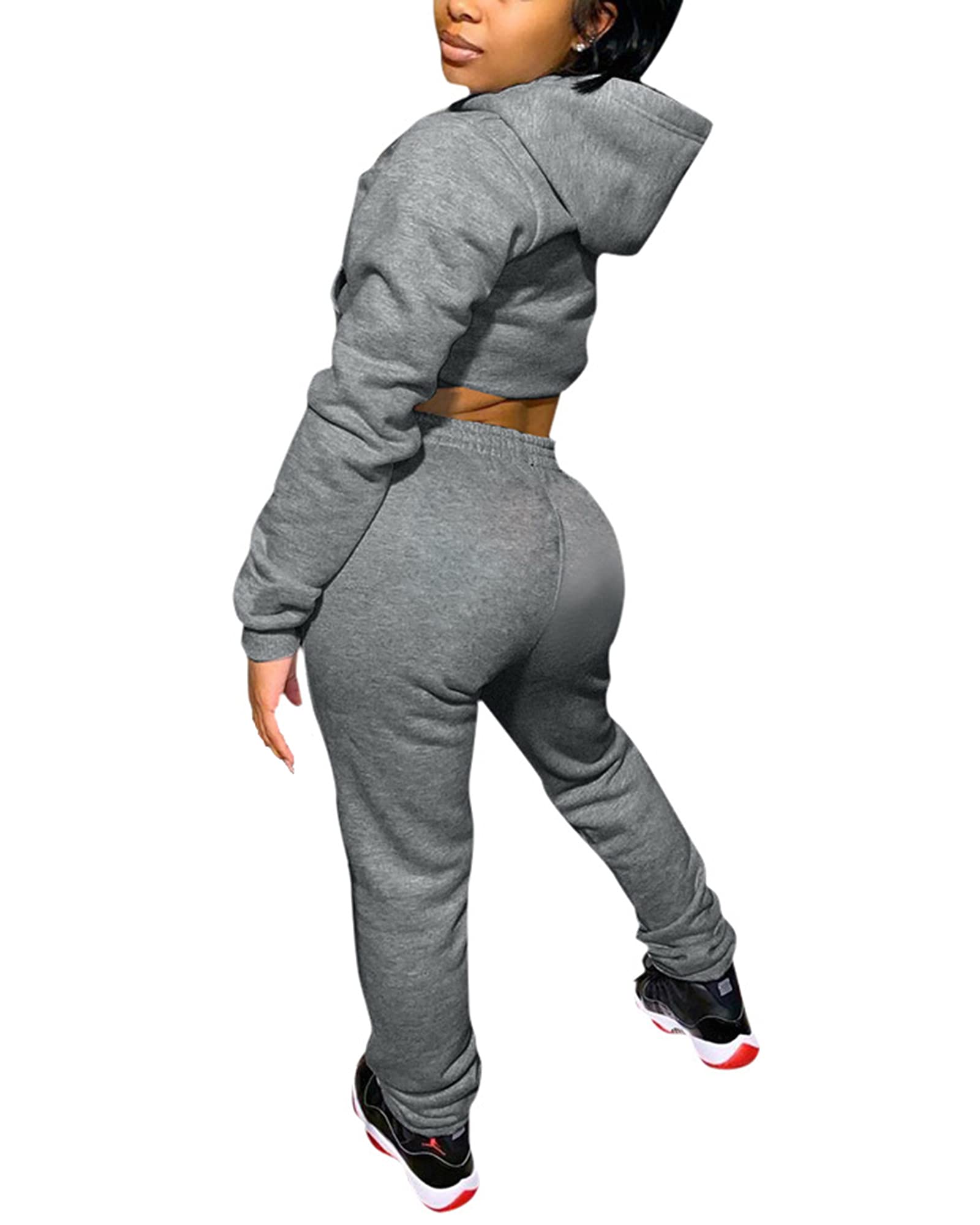 Womens Jogging Suits Sets, Two Piece Fall Outfits Hoodie Crop Top and Pants Tracksuit Set Deep Gray S