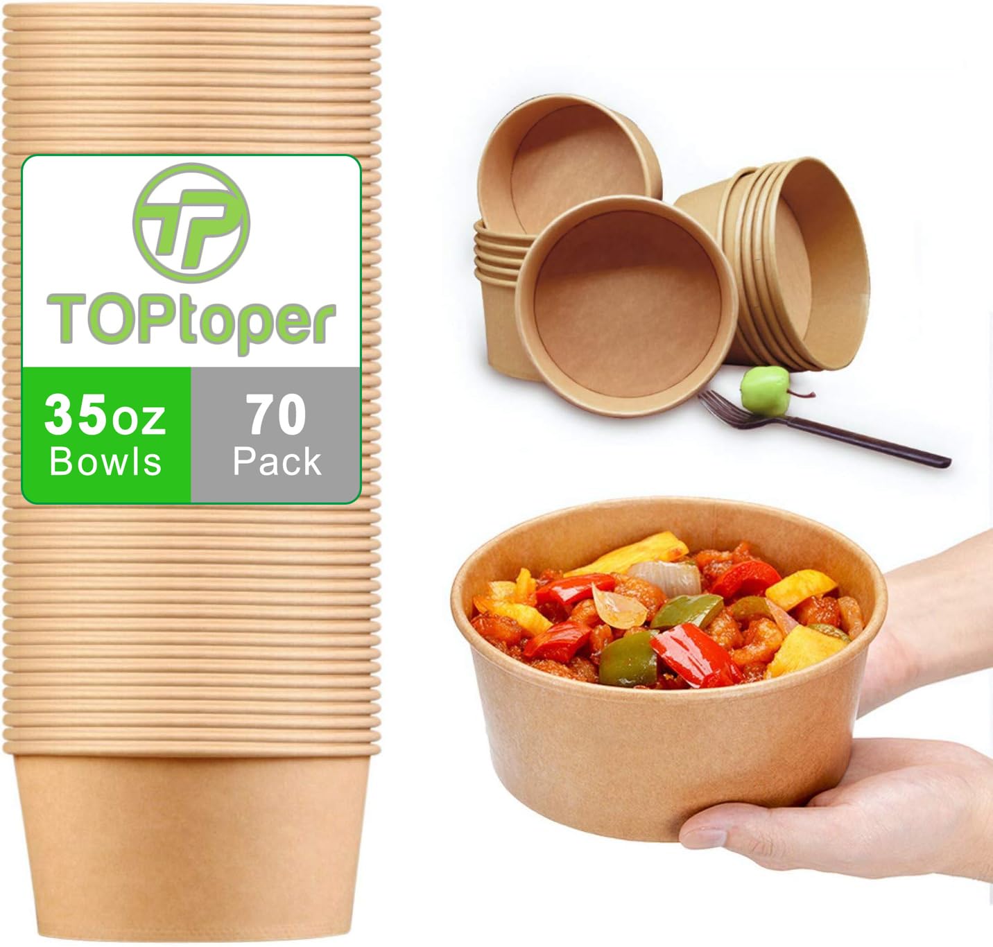 TOPtoper 35 Oz Large Paper Bowls, 70 Pack Disposable Soup Bowls Plastic Free Party Supplies for Hot/Cold Food, Soup (35 OZ)
