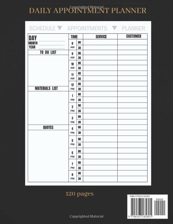 Tradesman Notebook Planner: Daily Appointments Schedule, Jobs Record, Customer Details, Materials List & Estimated Quotes|For Contractors| Self ... Timeslots (8am - 8pm) |Timesheet Log Book| A4