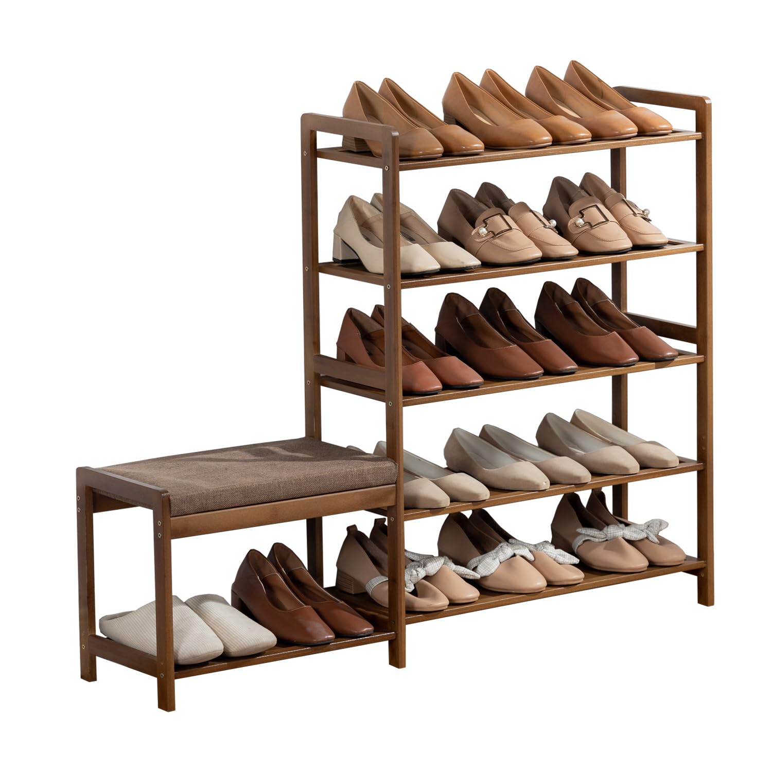 SOBIBO 5 Tier Shoe Rack, Bamboo Bench with Seat, Space-Saving Shoe Shelf, Entryway Storage, 40.94"