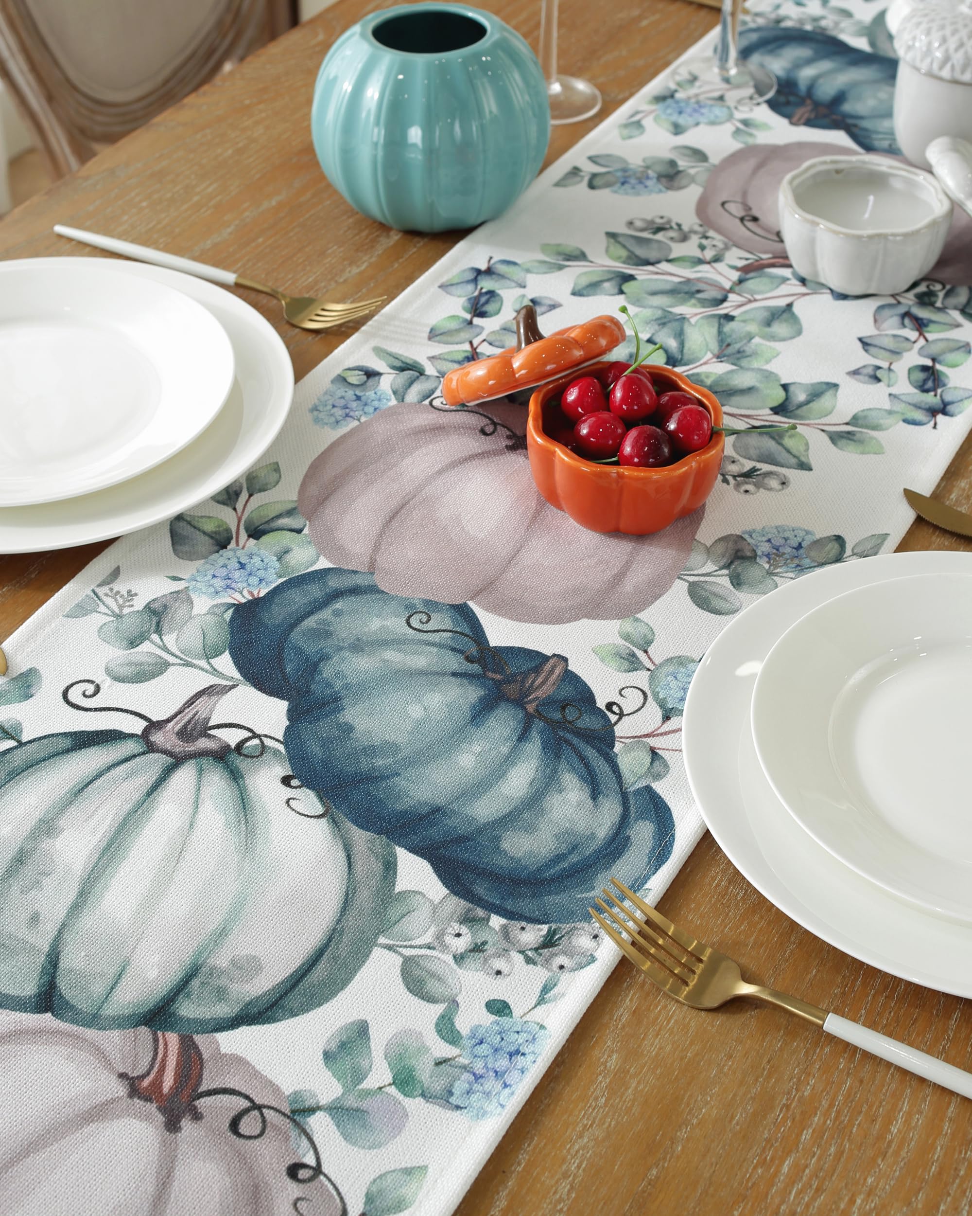 Thanksgiving Decorations Fall Table Runner 72 Inches Long with Autumn Pumpkins Eucalyptus Leaves. Fall Decorations for Home Dining Room Kitchen Table Seasonal Holiday Harvest Party Decor