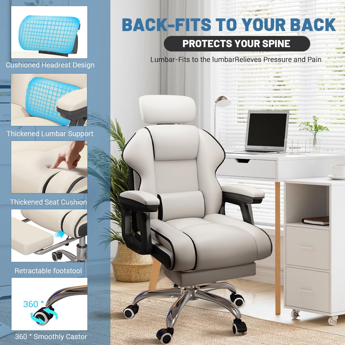 XUEGW Executive Computer Chair Home Office Desk Chair,Adjustable Angle, Ergonomic Adjustable Height PU Leather Chairs with Cushions Armrest for Long Time Seating-High Office Chair with Footrest