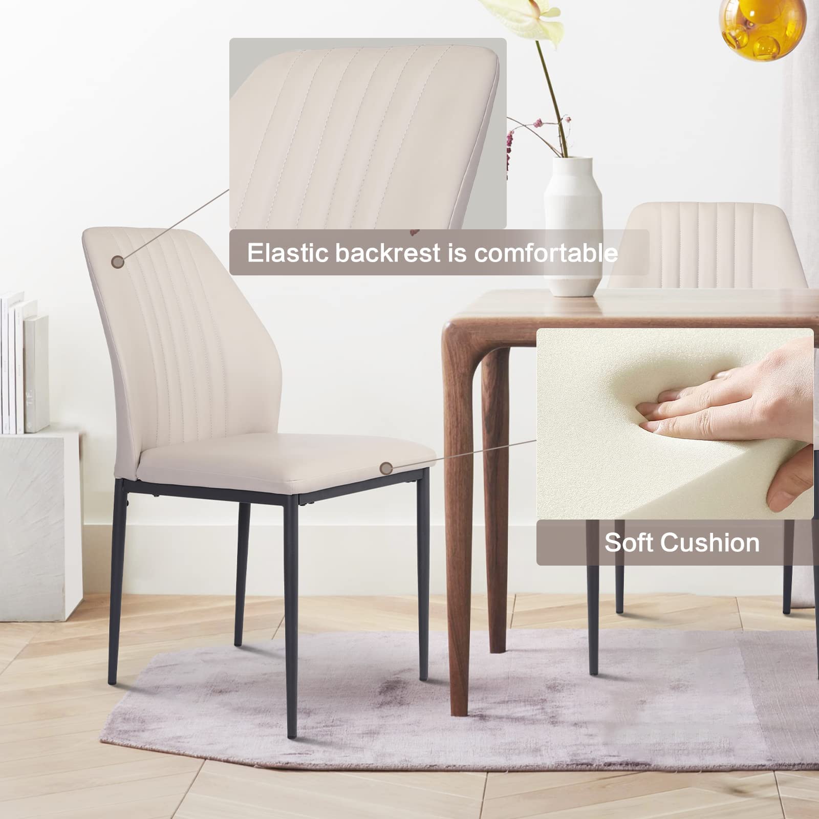 Zerifevni Dining Chairs Set of 2, Upholstered Side Chairs, Faux Leather Modern Style Kitchen Chairs with Stable Steel Legs (Beige)