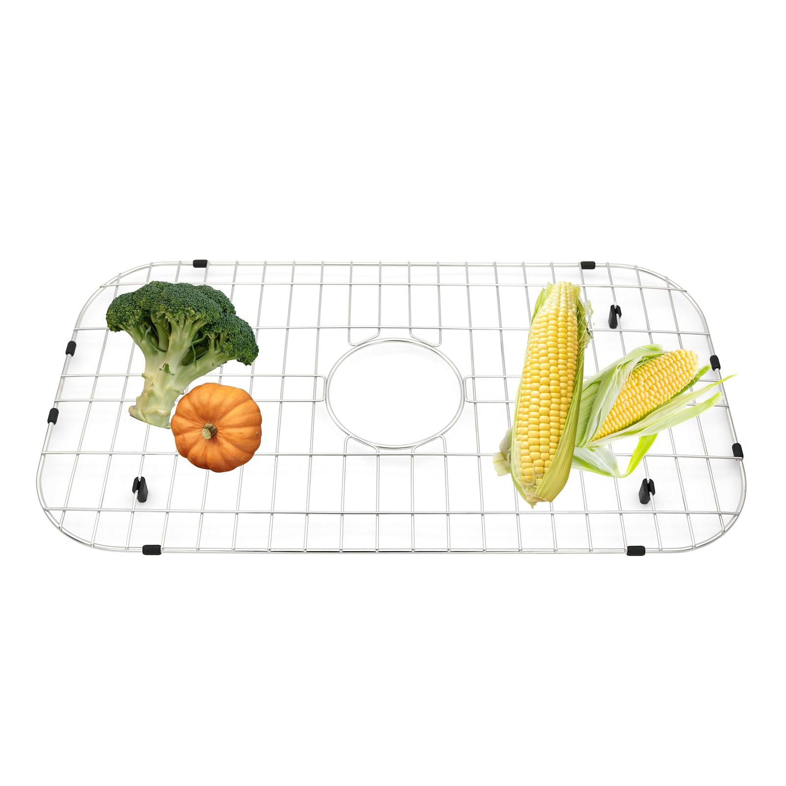 YORZSDI Sink Protectors for Kitchen Sink, 26-1/8" x 14-1/4" Stainless Steel Sink Grid with Center Drain, 304 Stainless Steel Sink Protector with Sink Strainer and Protective Rubber Feet