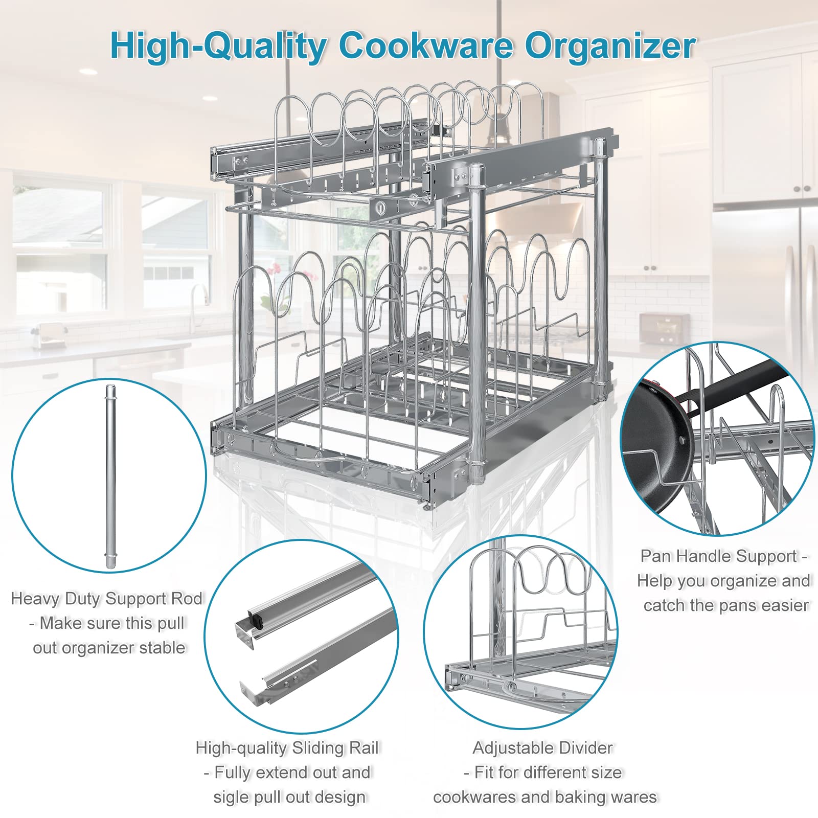 TQVAI Pot and Pan Organizer for Cabinet, Pot Lid Organizer Rack, Pull Out Sliding Cabinet Organizer - Separate Full-Extension Guide Rail - Cabinet Request at Least 15" W x 22.5" D x 22.5" H